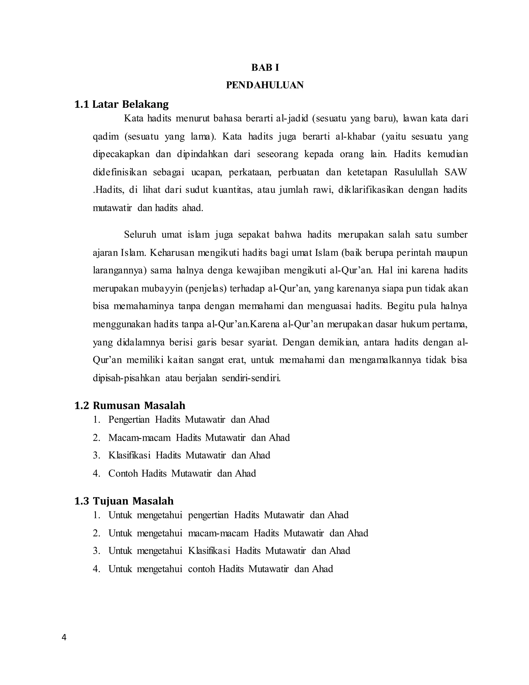 Makalah hadits mutawatir dan hadits ahad | DOCX