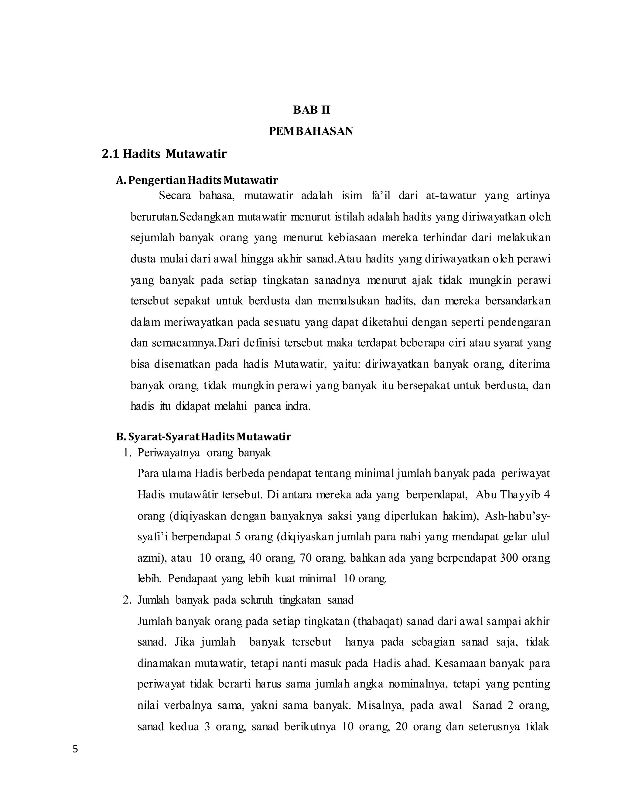 Makalah hadits mutawatir dan hadits ahad | DOCX