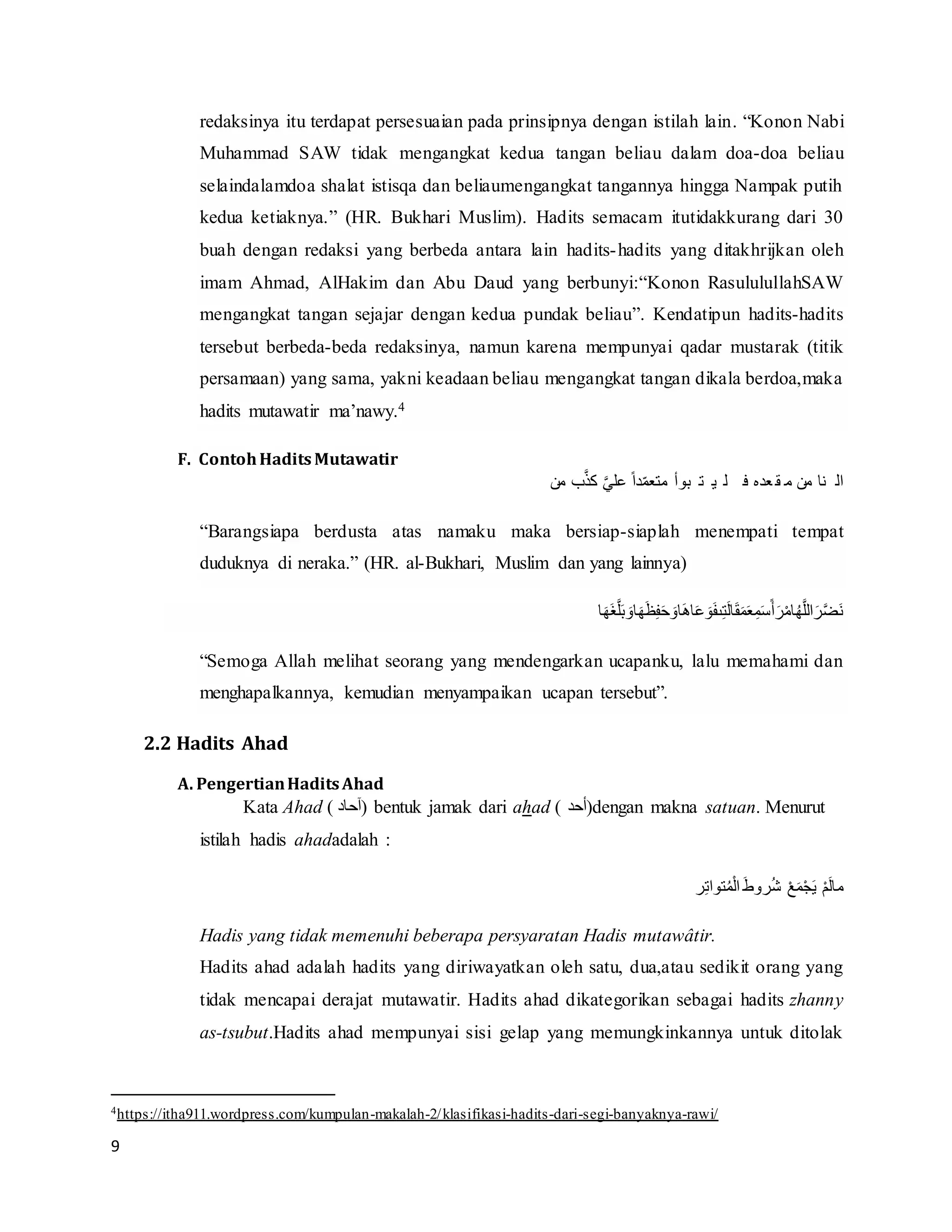 Makalah hadits mutawatir dan hadits ahad | DOCX