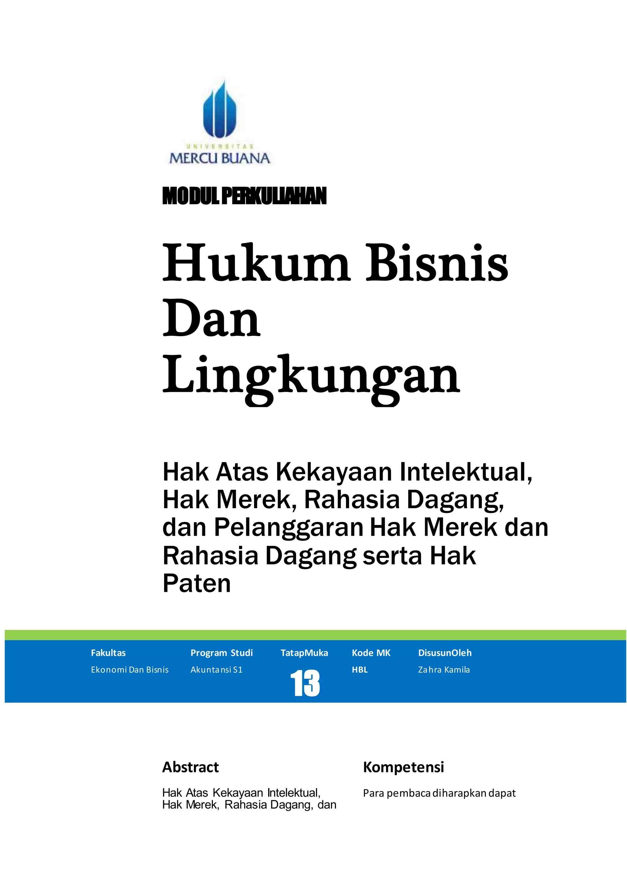 HBL 13, ZAHRA KAMILA, HAPZI ALI, HAK ATAS KEKAYAAN INTELEKTUAL, HAK MEREK, RAHASIA DAGANG, DAN ...