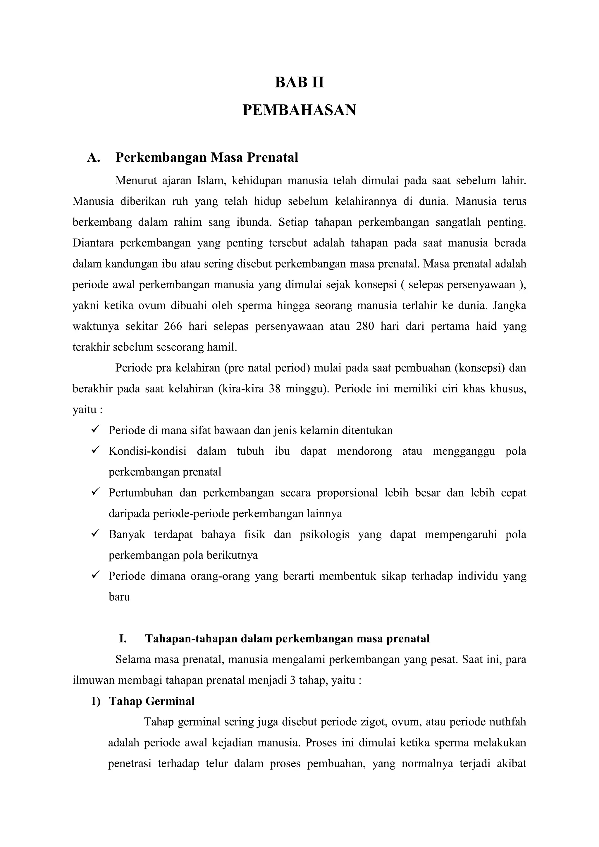 Makalah perkembangan masa prenatal hingga bayi | DOCX