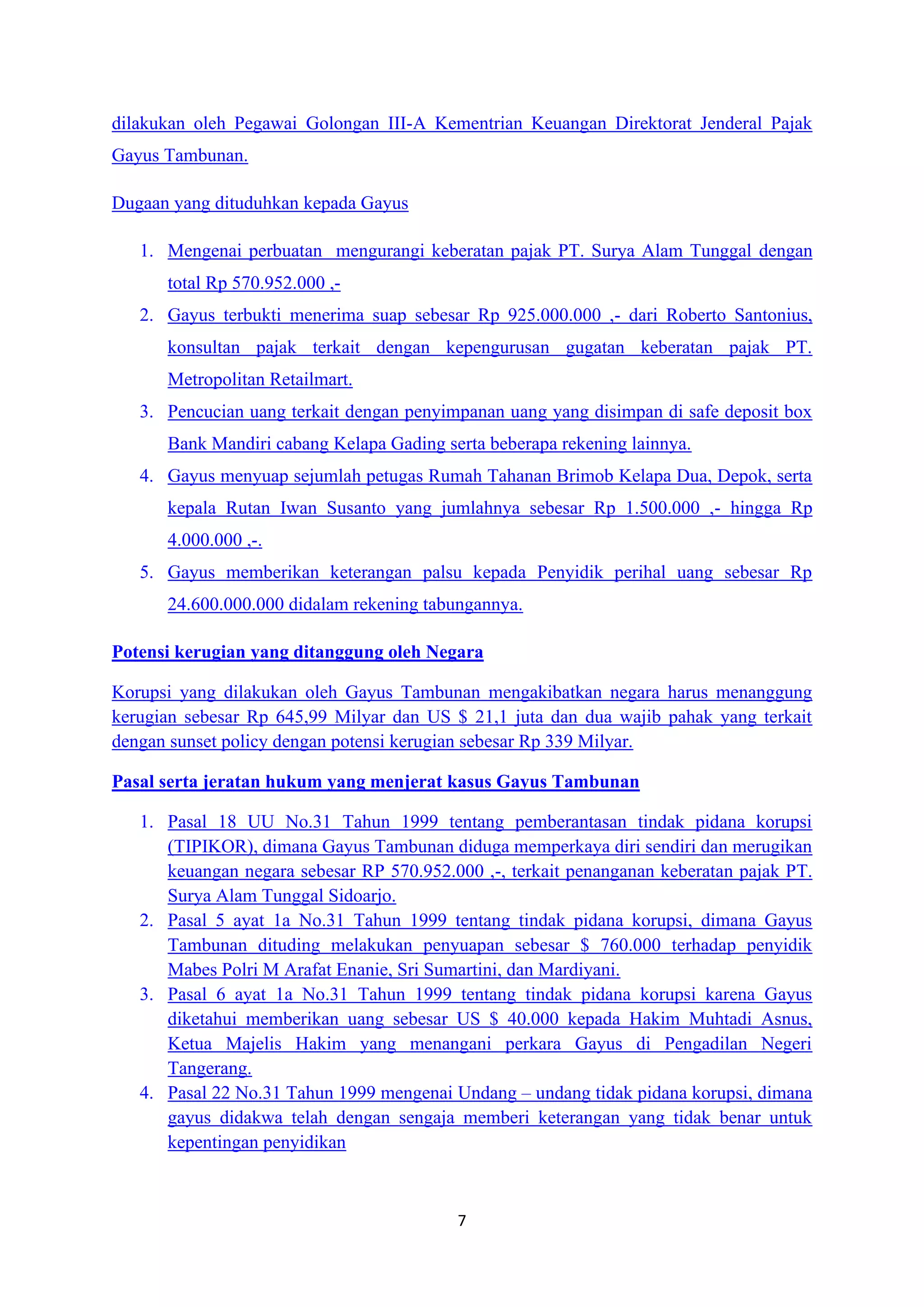 Makalah kasus korupsi penggelapan pajak gayus tambunan | PDF