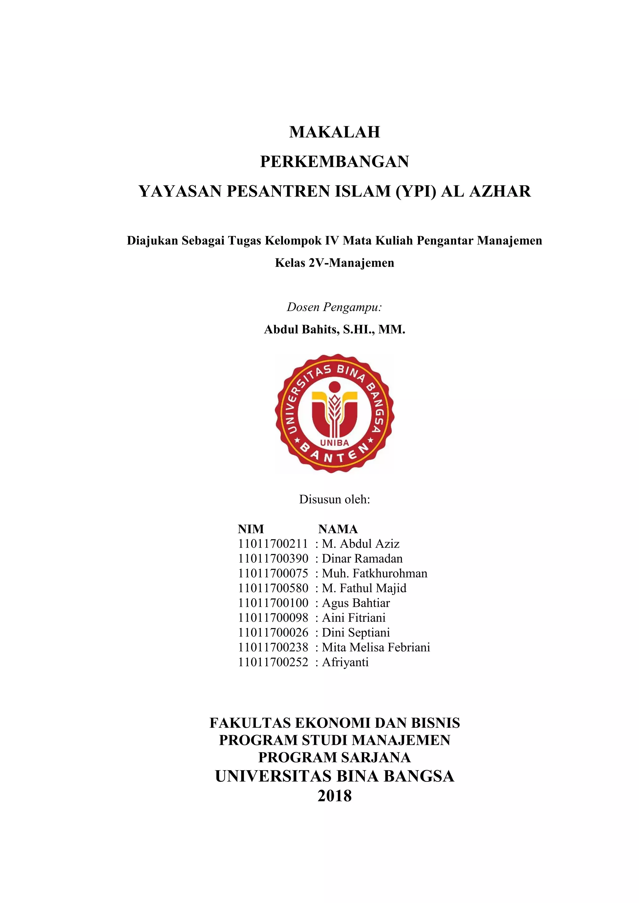 Perkembangan Yayasan Pesantren Islam (YPI) Al Azhar - Pengantar ...