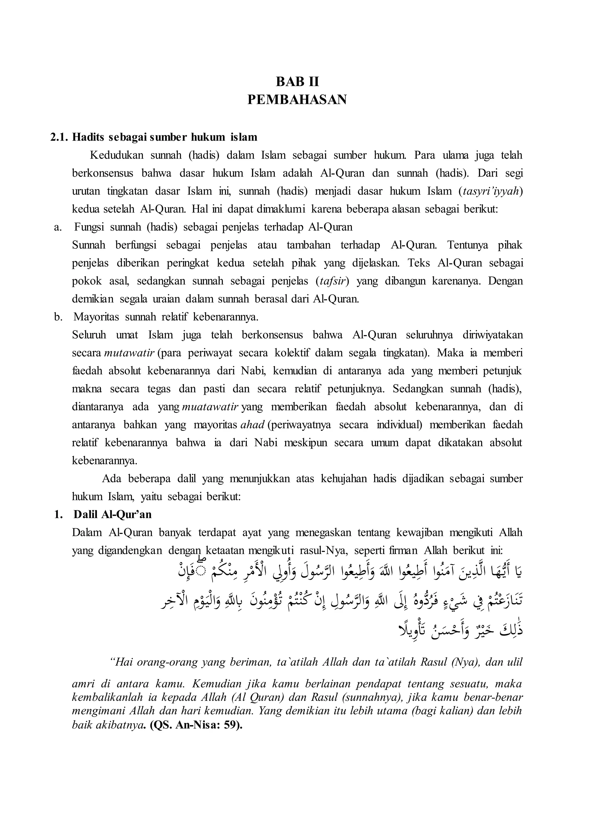 Kedudukan Hadits Dalam Syari’at Islam dan Fungsi Hadits Terhadap Al-Qur ...