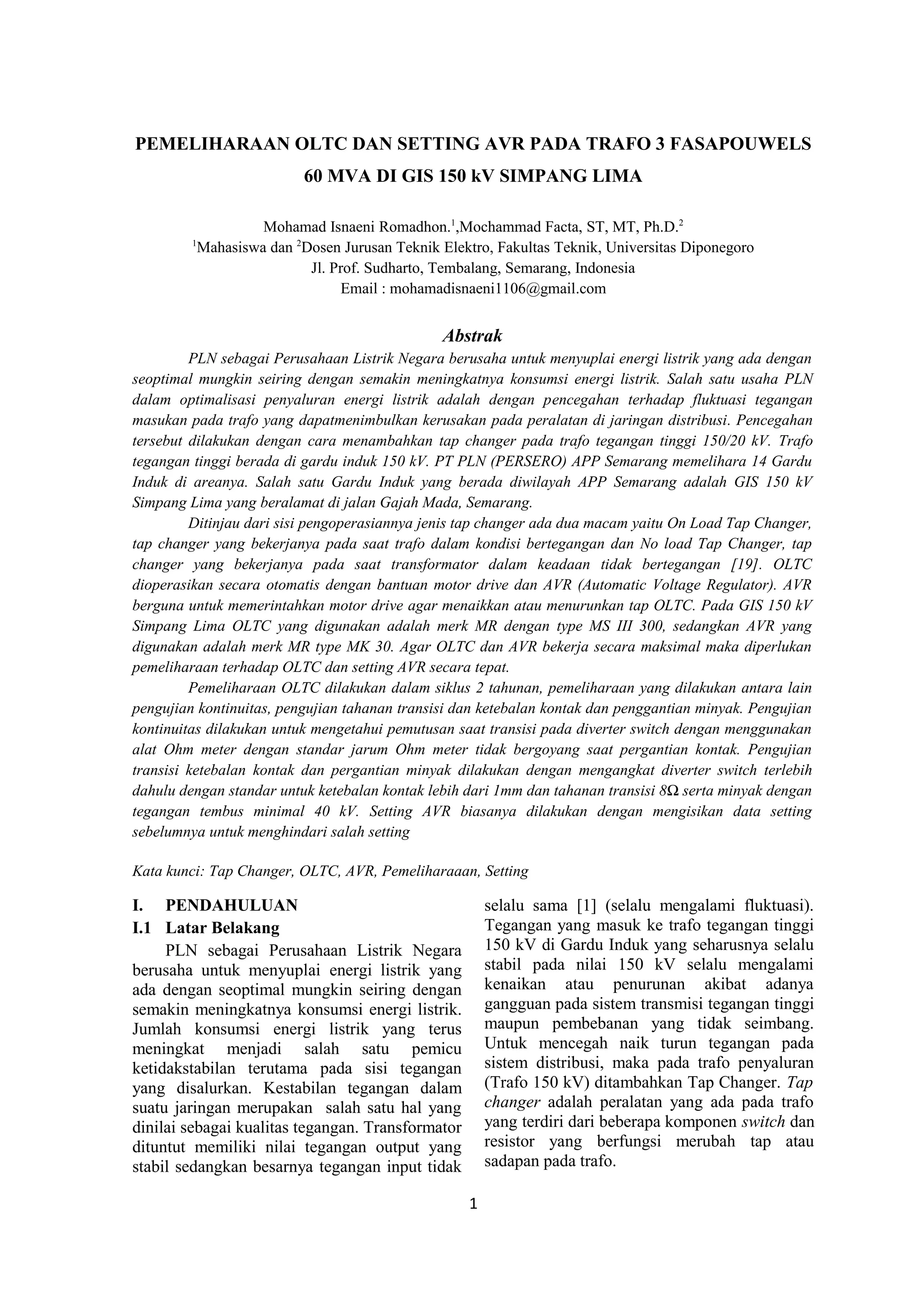 pemeliharaan OLTC dan setting AVR | DOC