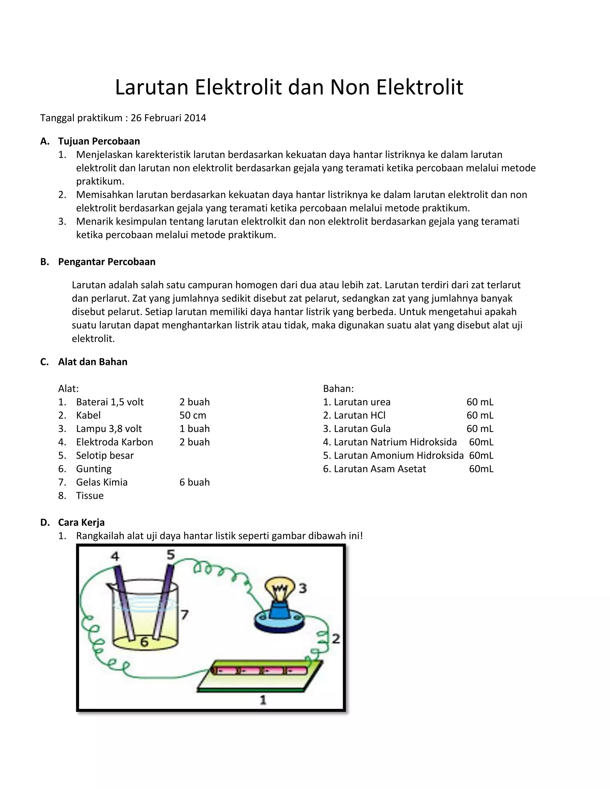 Laporan larutan elektrolit dan non elektrolit | DOCX