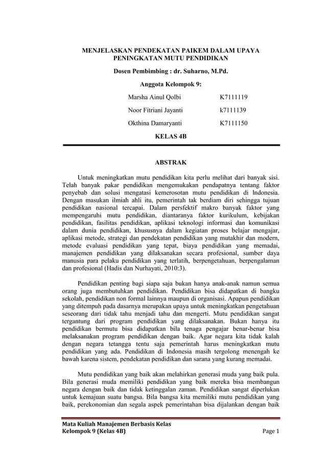 MAKALAH MENJELASKAN PENDEKATAN PAIKEM DALAM UPAYA PENINGKATAN MUTU PENDIDIKAN | PDF