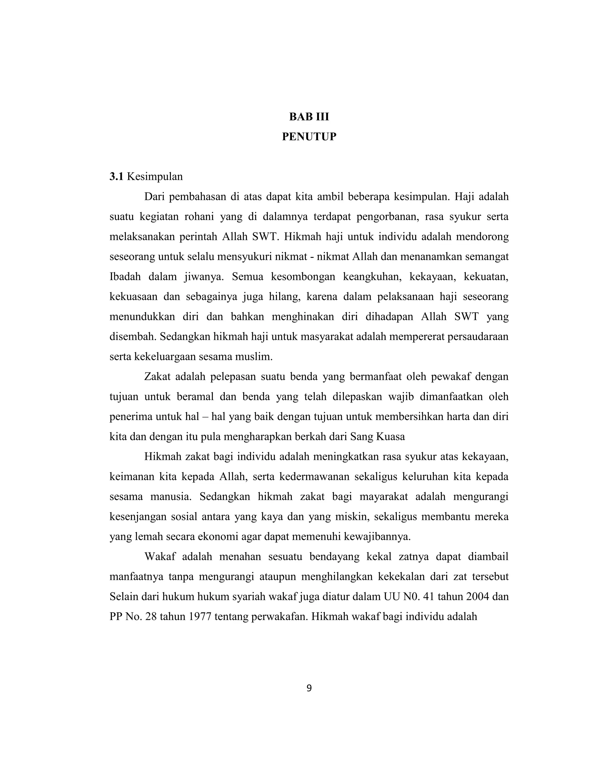 ANALISIS HIKMAH IBADAH HAJI, ZAKAT, DAN WAKAF BAGI INDIVIDU DAN MASYARAKAT | DOCX