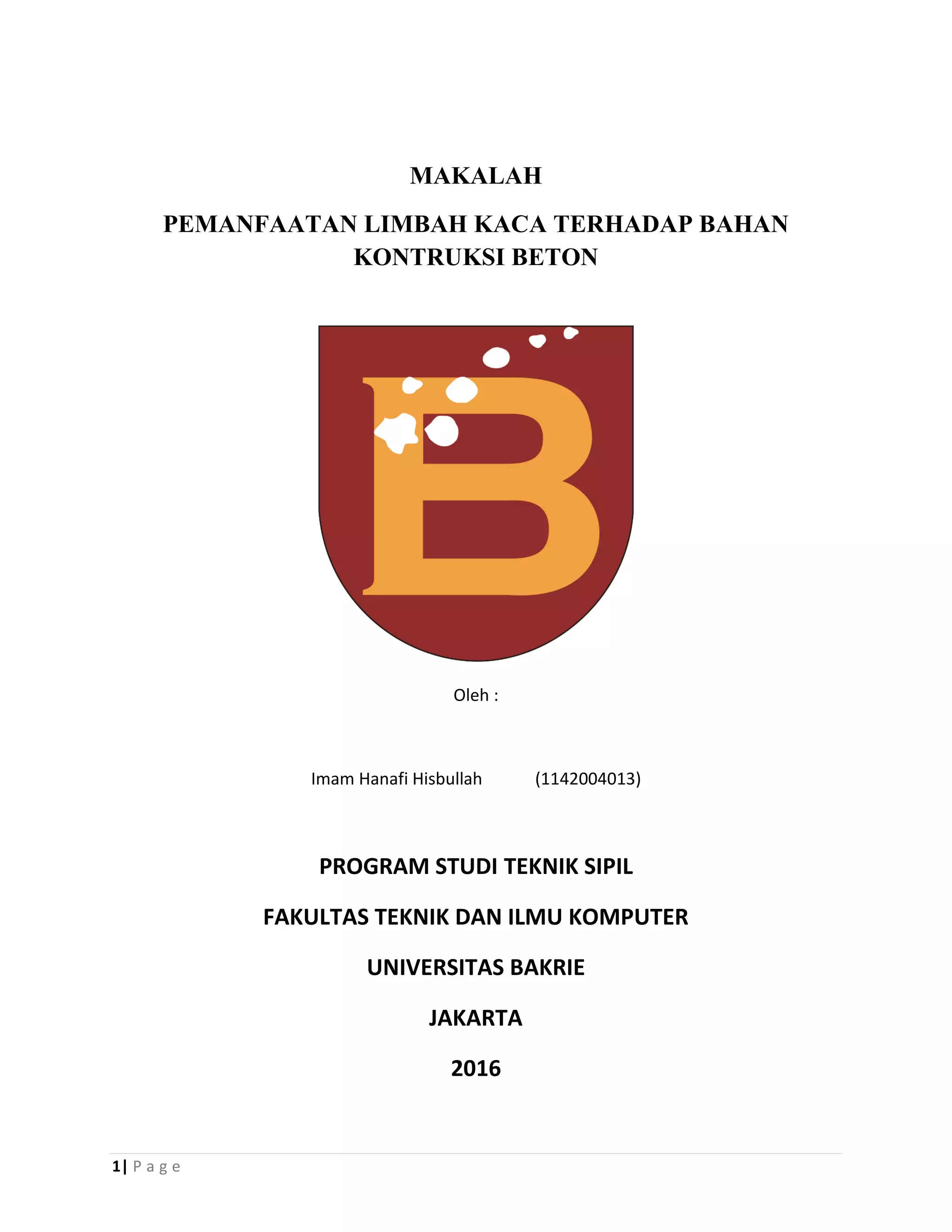 Makalah pemanfaatan limbah kaca terhadap kontrusi beton | PDF