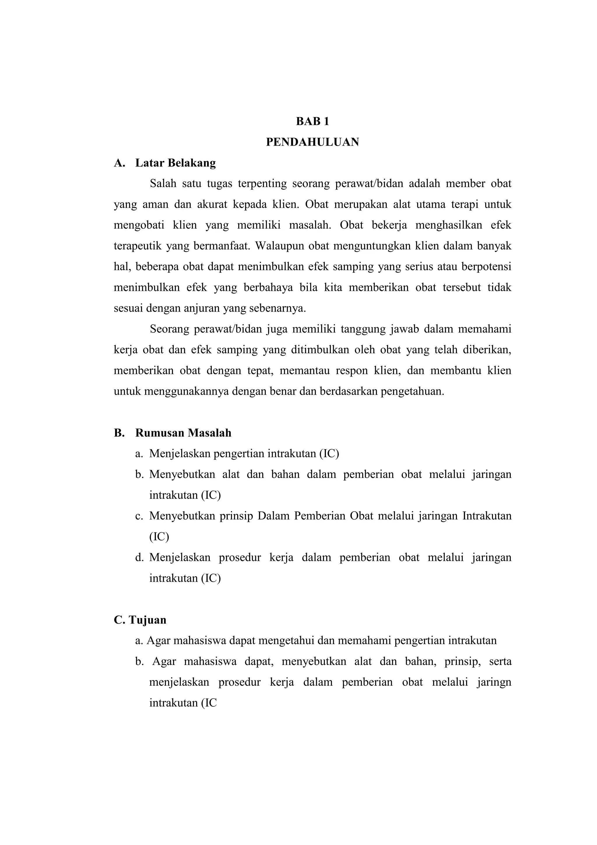 Makalah pemberian obat melalui jaringan intrakutan (ic) | DOCX
