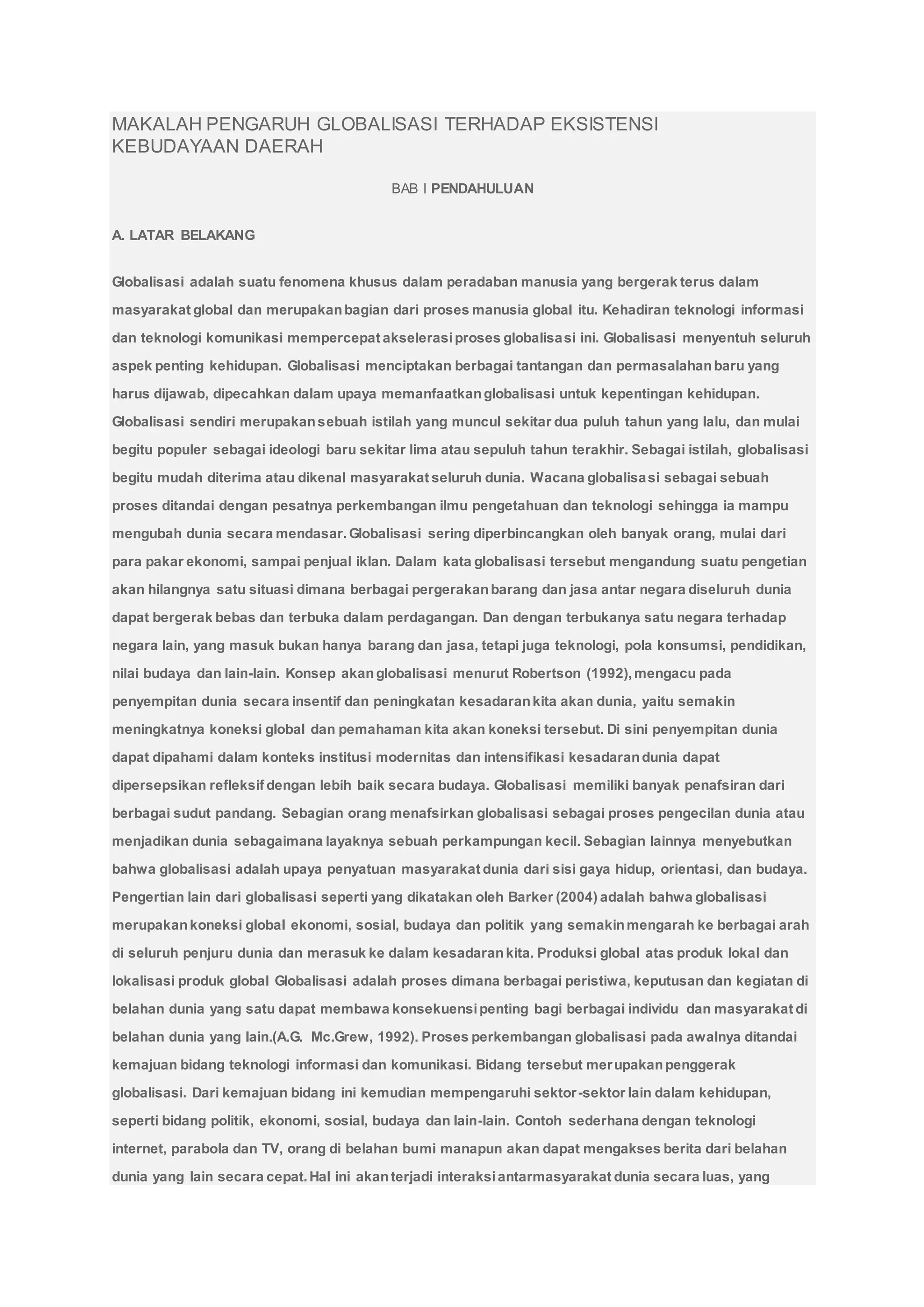 Makalah pengaruh globalisasi terhadap eksistensi kebudayaan | PDF