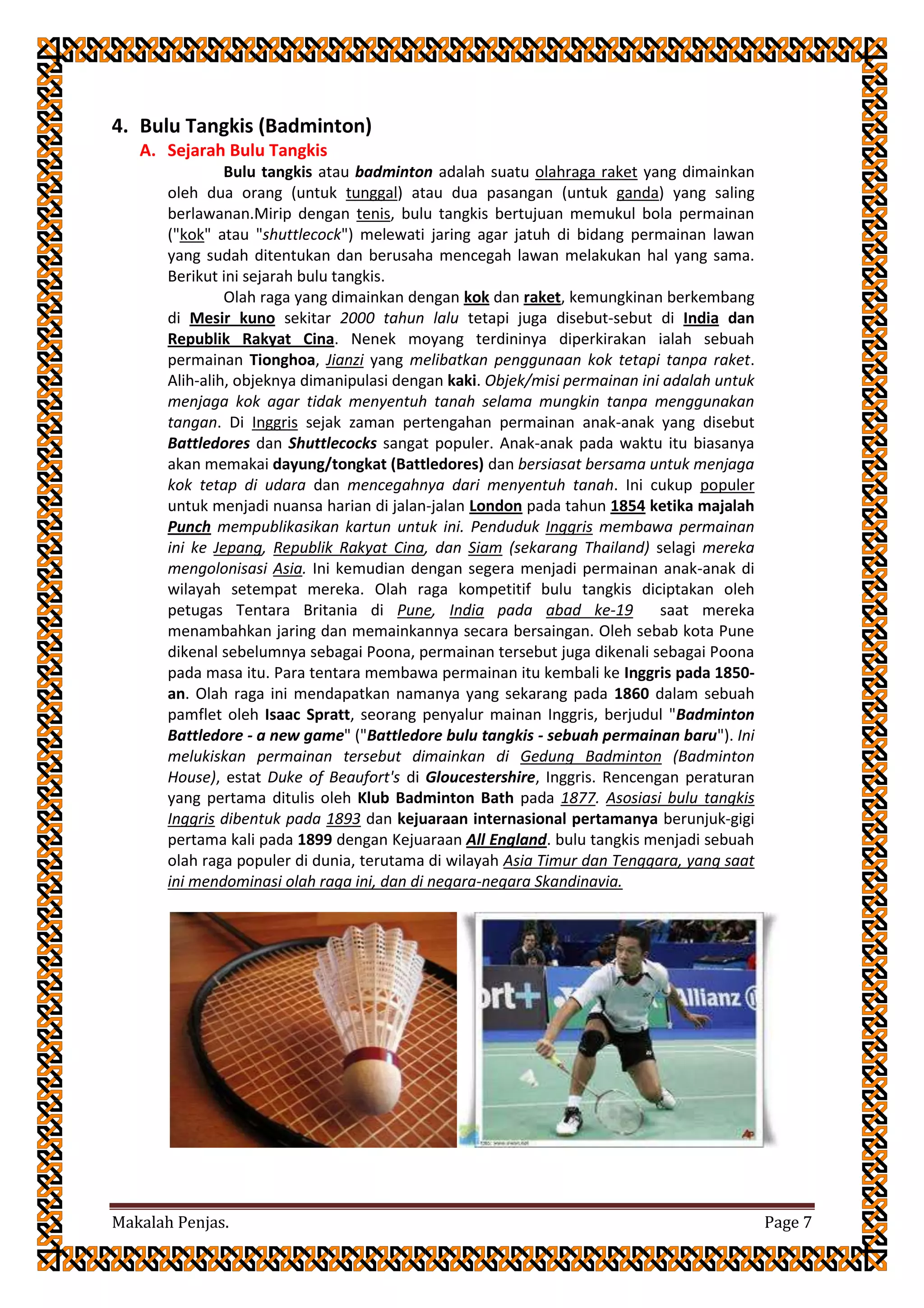 Makalah penjas tentang ukuran dan sejarah sepak bola, basket, takraw, badminton, | PDF
