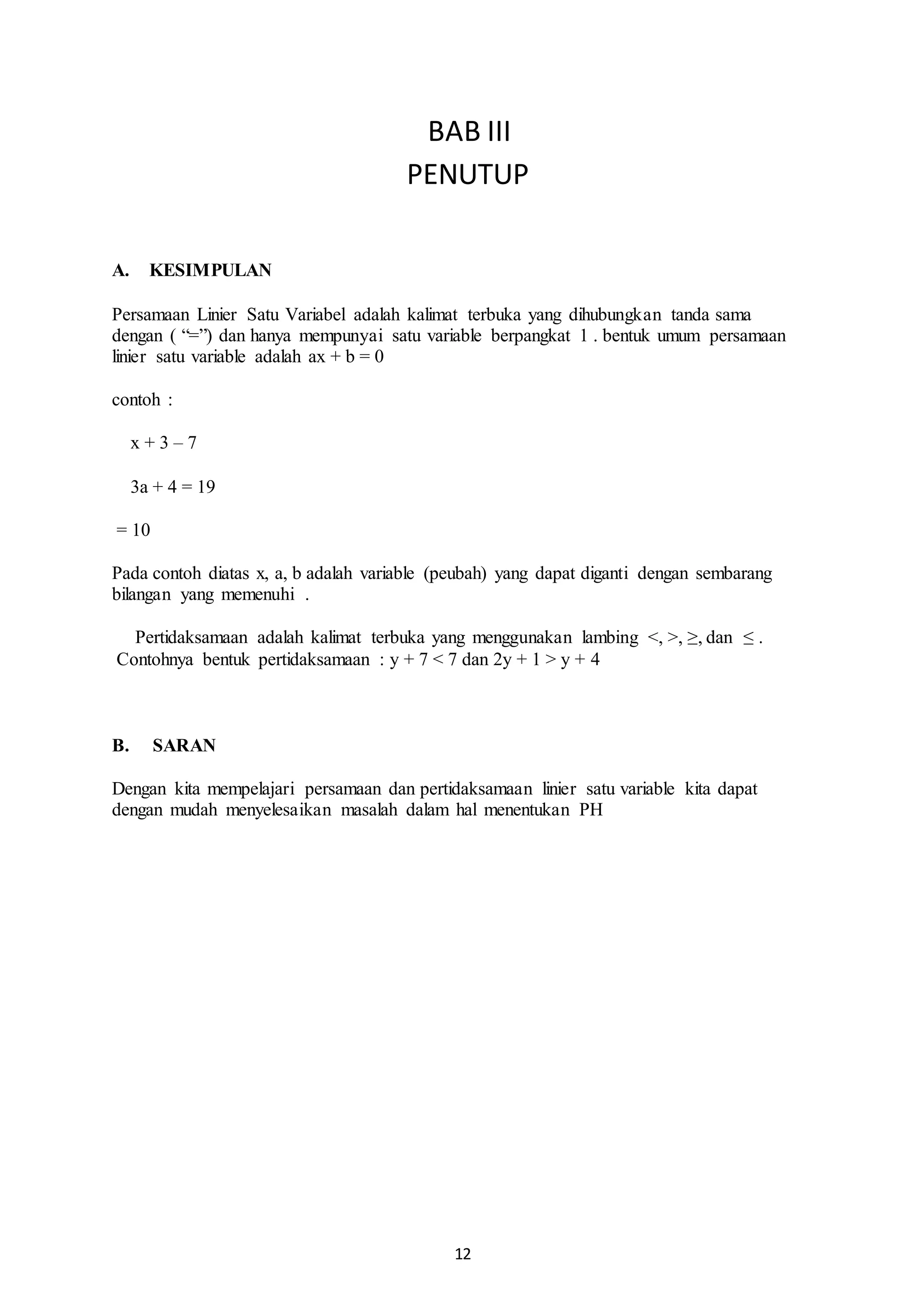 Makalah persamaan dan pertidaksamaan linear | DOCX