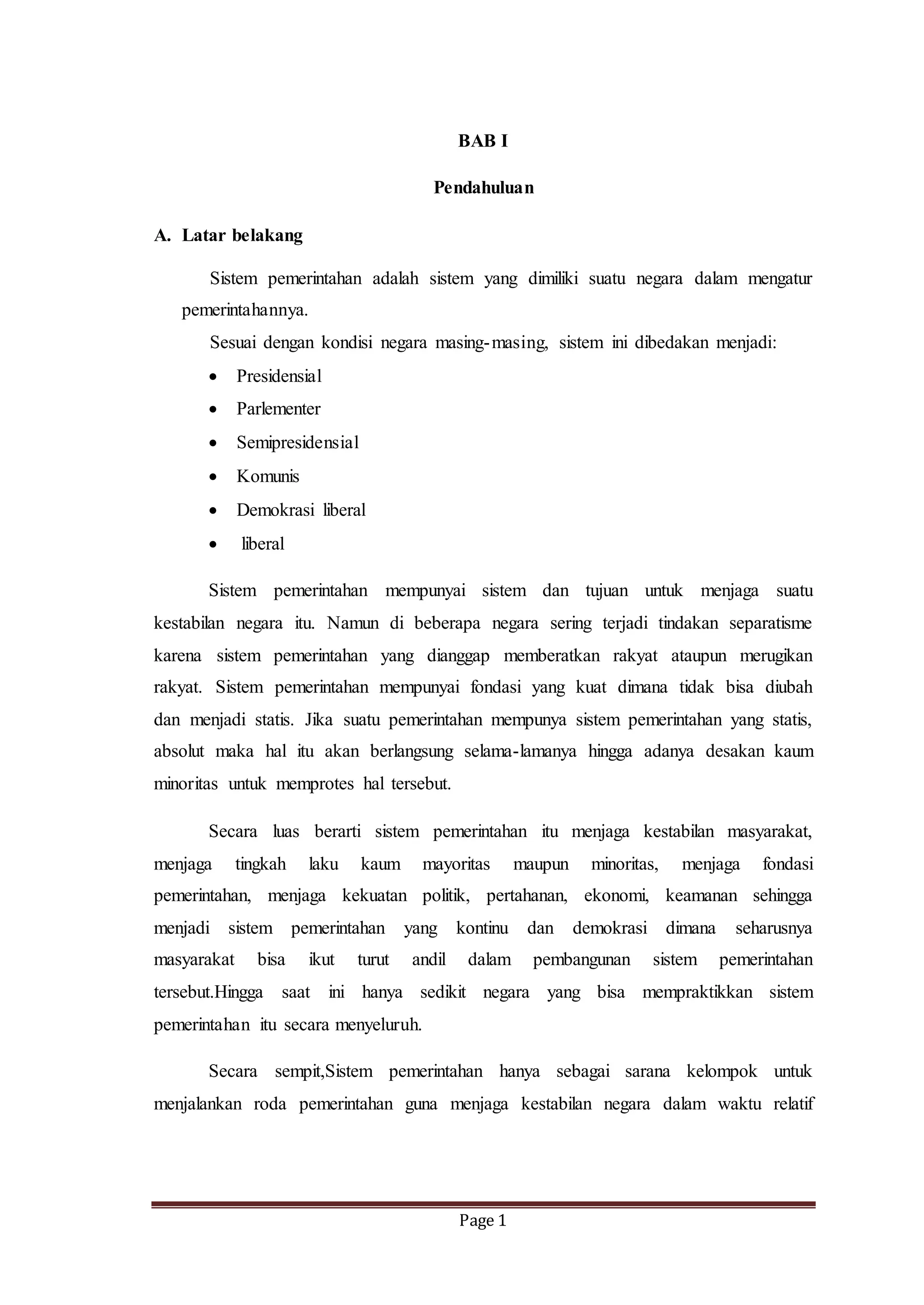 Makalah sistem pemerintahan presidensial dan parlementer | DOCX