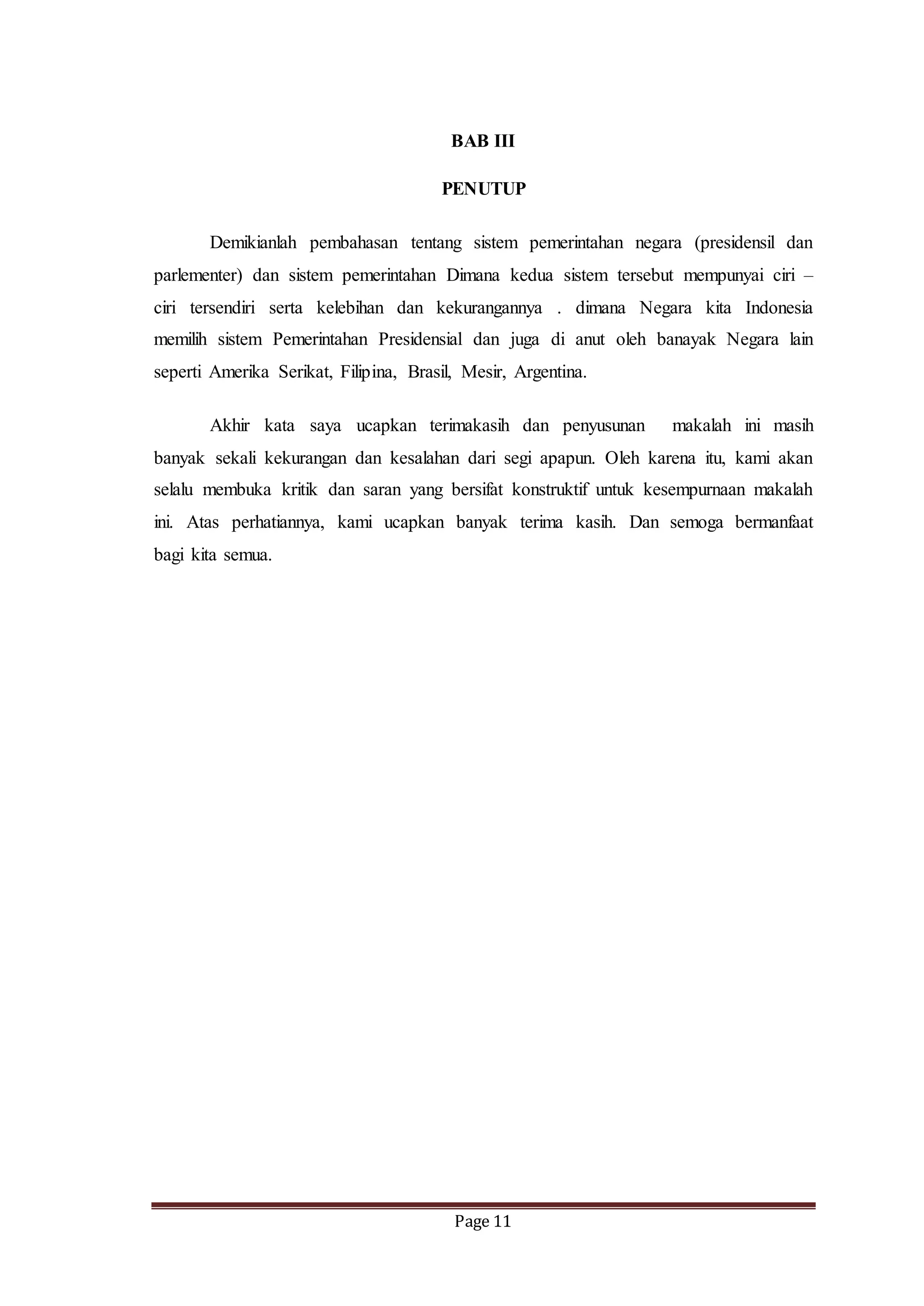 Makalah sistem pemerintahan presidensial dan parlementer | DOCX