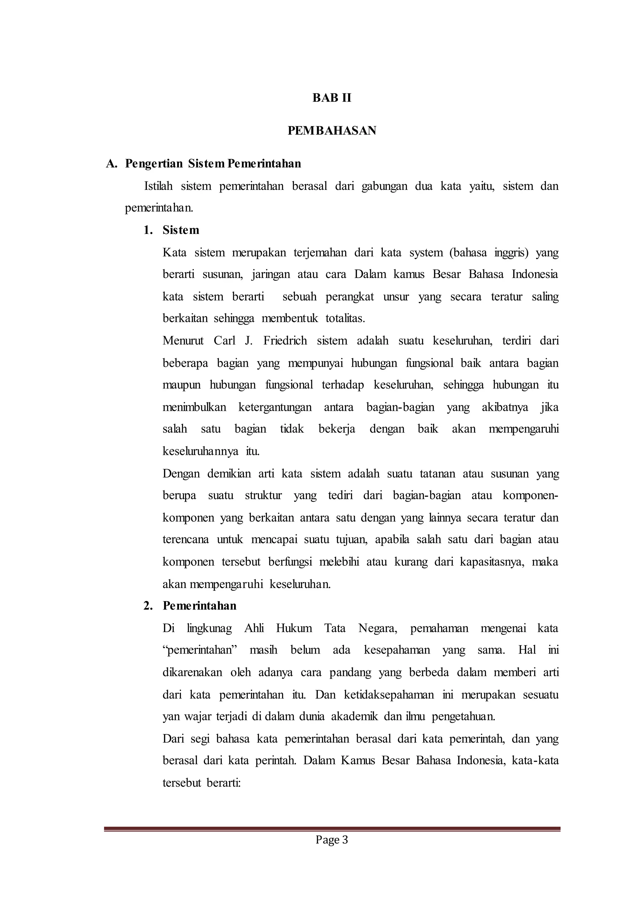 Makalah sistem pemerintahan presidensial dan parlementer | DOCX