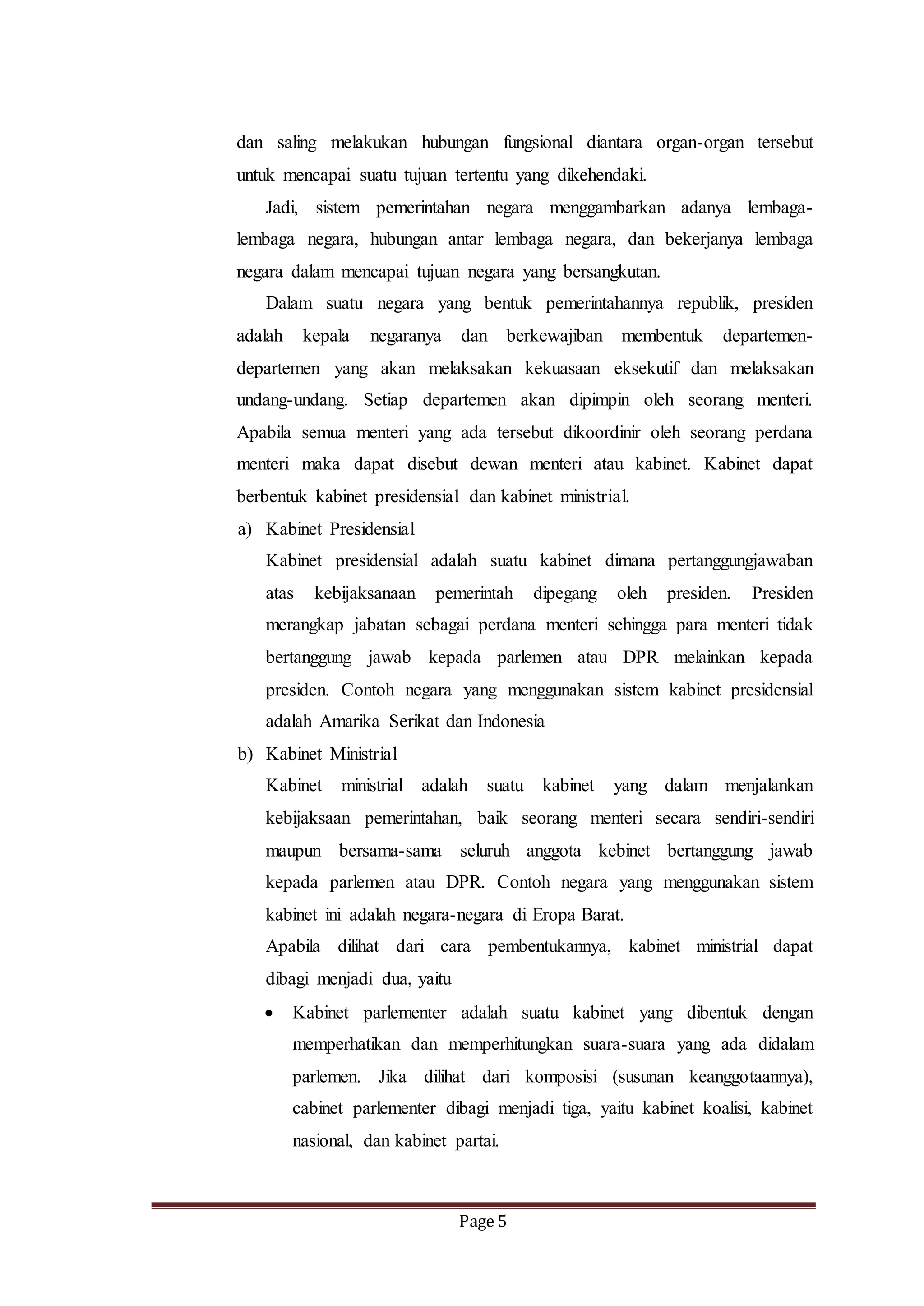 Makalah sistem pemerintahan presidensial dan parlementer | DOCX