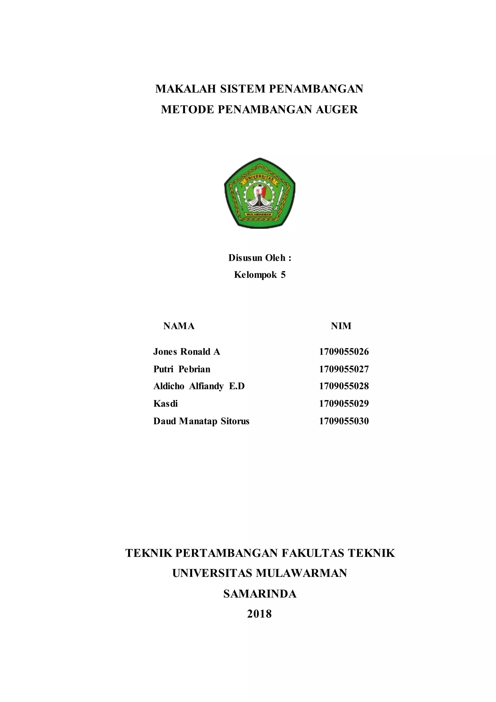 Makalah sistem penambangan auger kel 5 | DOCX