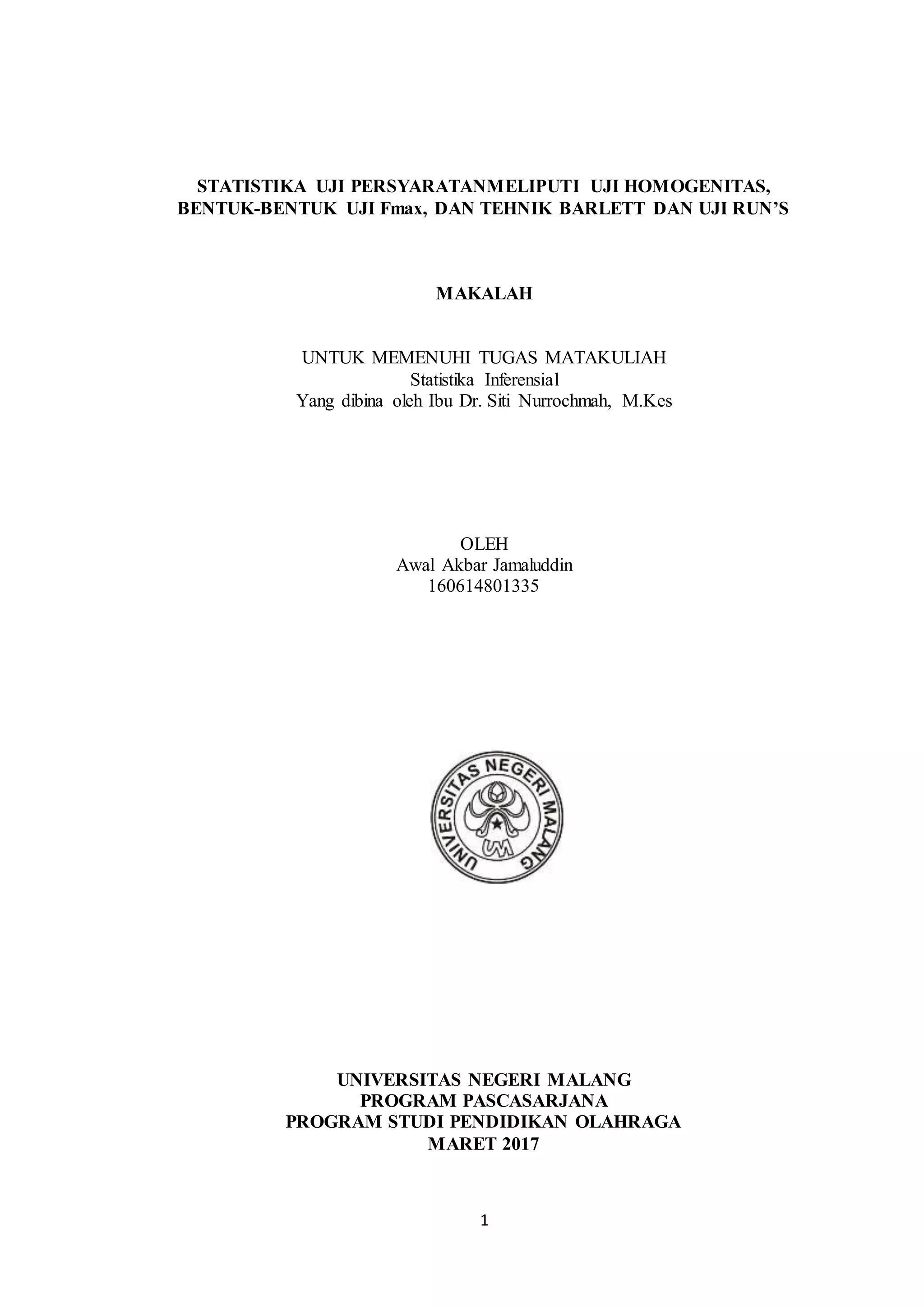 Statistika Uji Homogenitas (Uji Fmax, Uji Barlett, dan Uji Runs) | DOCX