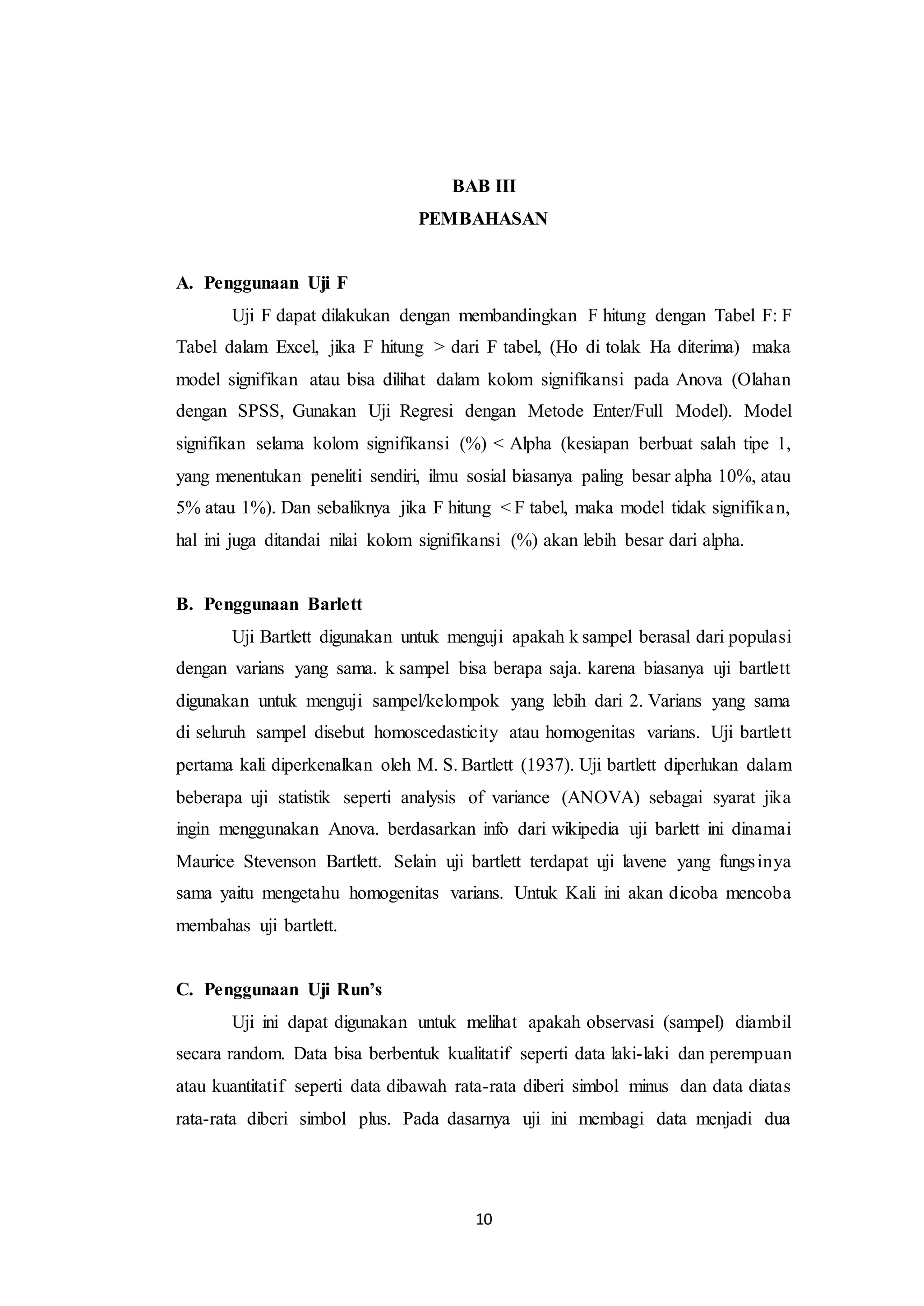 Statistika Uji Homogenitas (Uji Fmax, Uji Barlett, dan Uji Runs) | DOCX