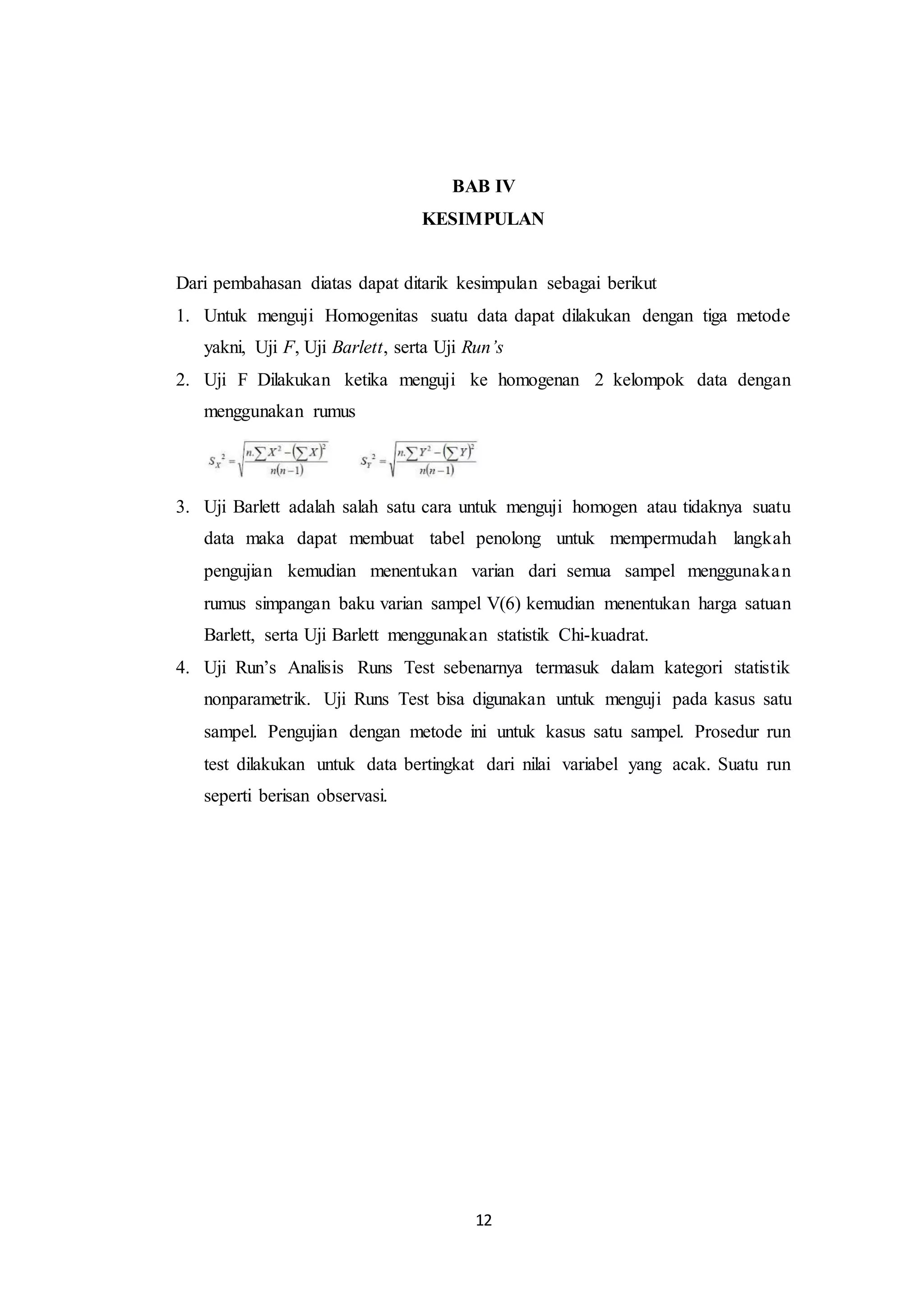 Statistika Uji Homogenitas (Uji Fmax, Uji Barlett, dan Uji Runs) | DOCX