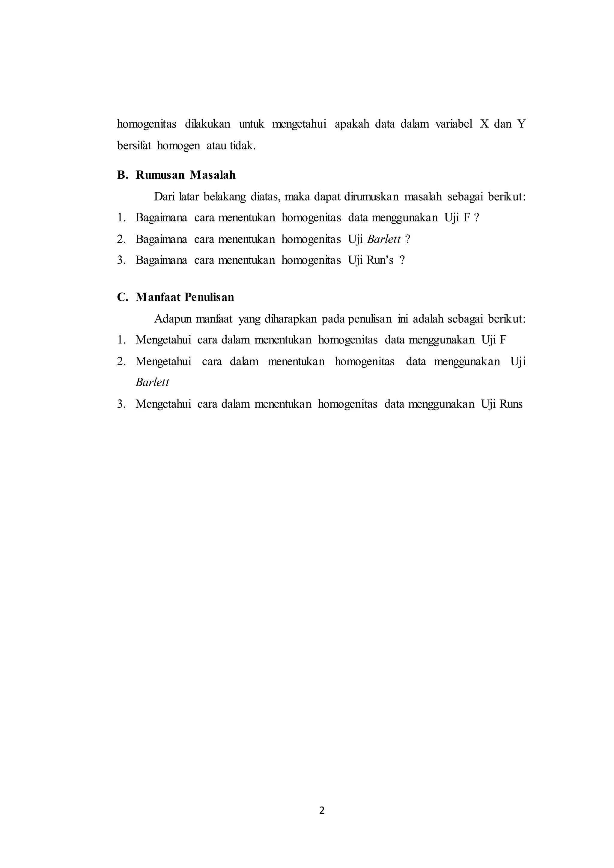 Statistika Uji Homogenitas (Uji Fmax, Uji Barlett, dan Uji Runs) | DOCX