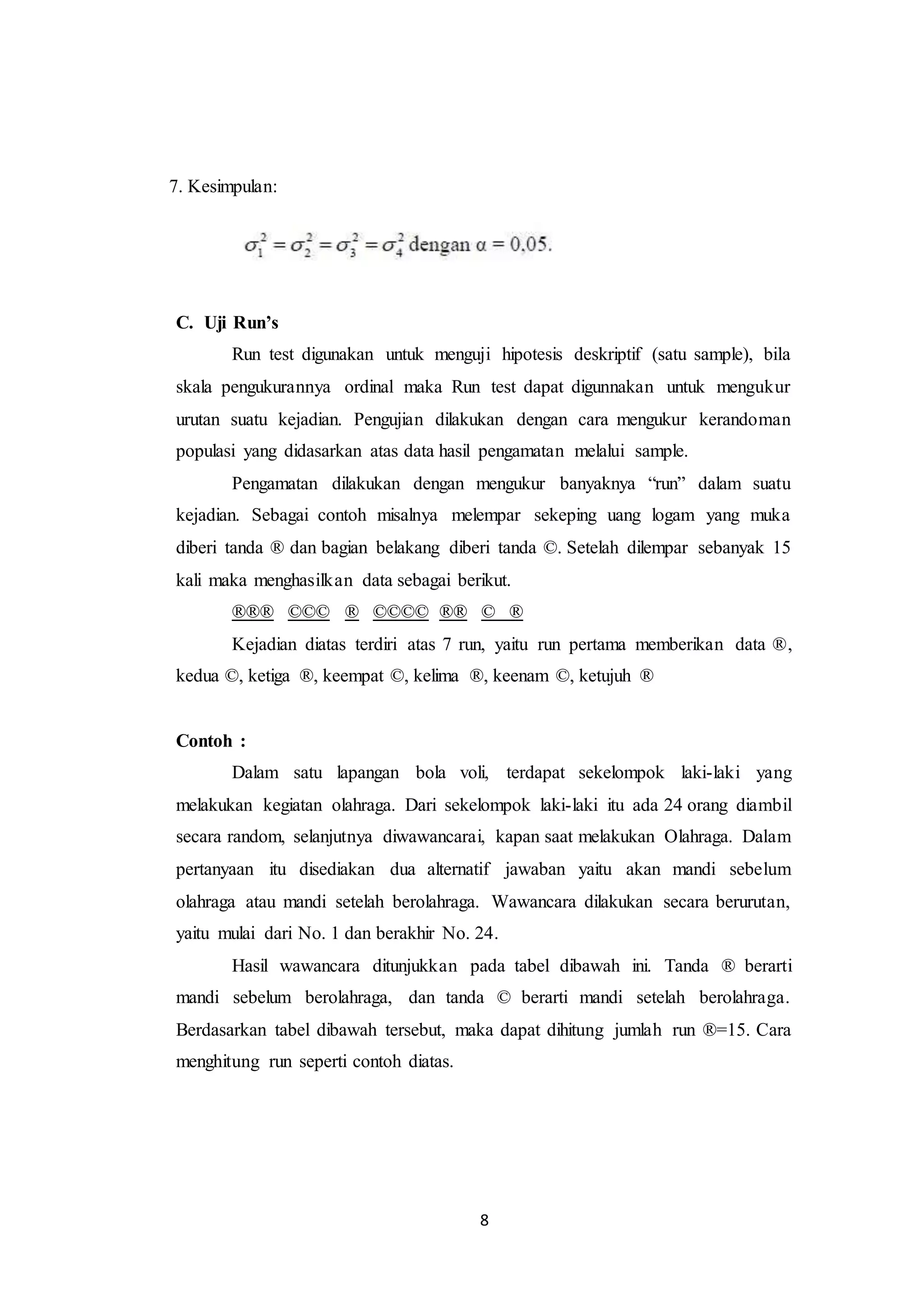 Statistika Uji Homogenitas (Uji Fmax, Uji Barlett, dan Uji Runs) | DOCX