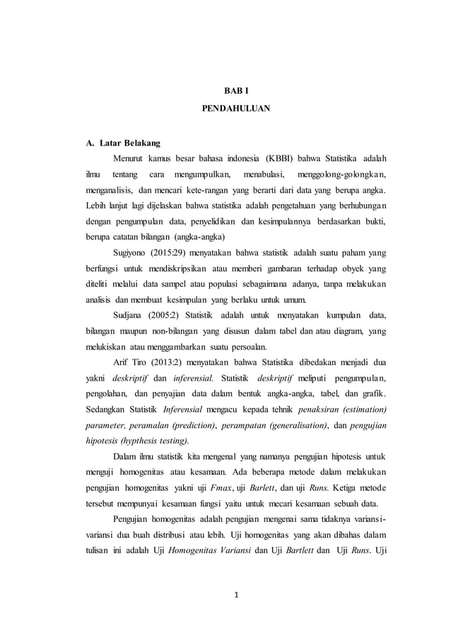 Statistika Uji Homogenitas (Uji Fmax, Uji Barlett, dan Uji Runs) | DOCX
