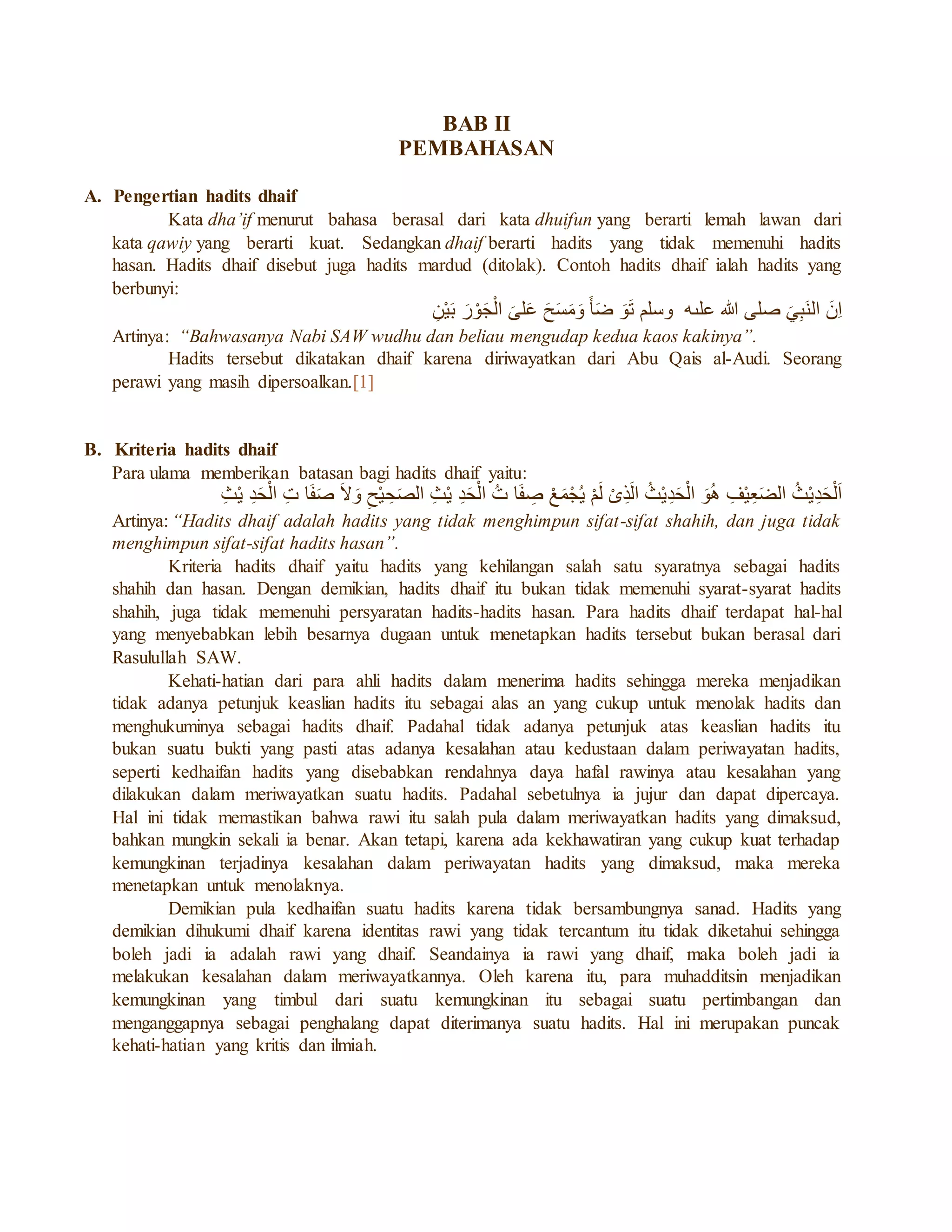 Hadits Dhoif (kriteria & macam-macam) | DOCX