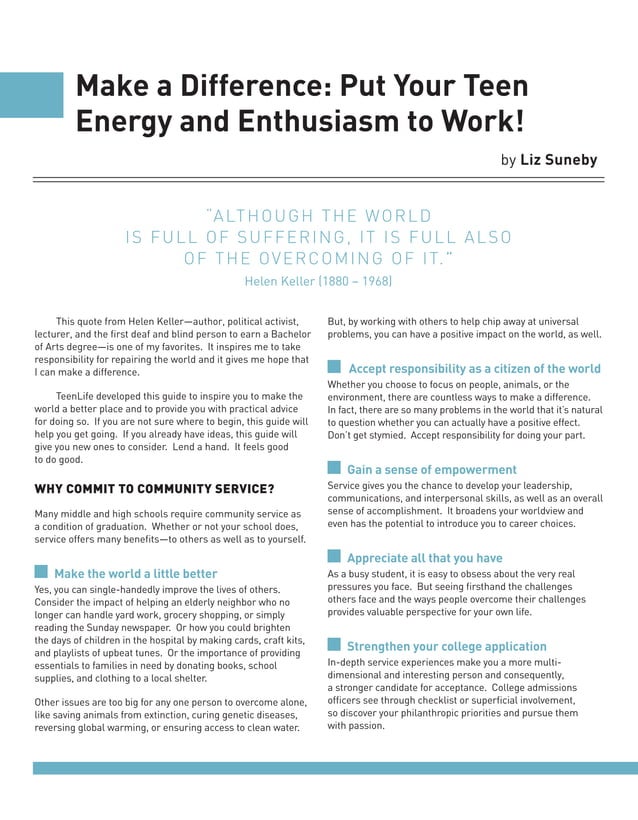 Make a Difference: Put Your Teen Energy and Enthusiasm to Work! | PDF