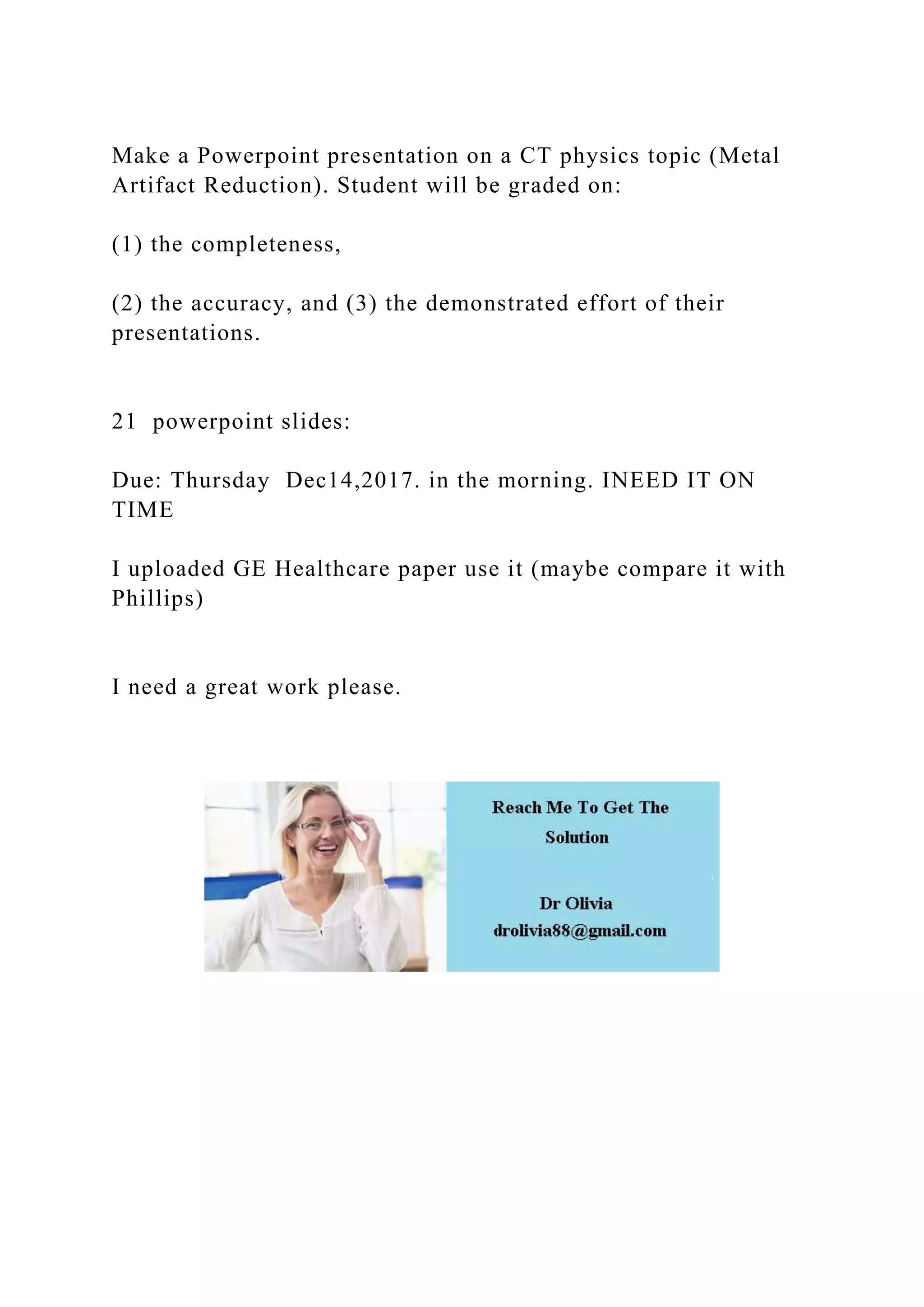 Make a Powerpoint presentation on a CT physics topic (Metal Artifact.docx