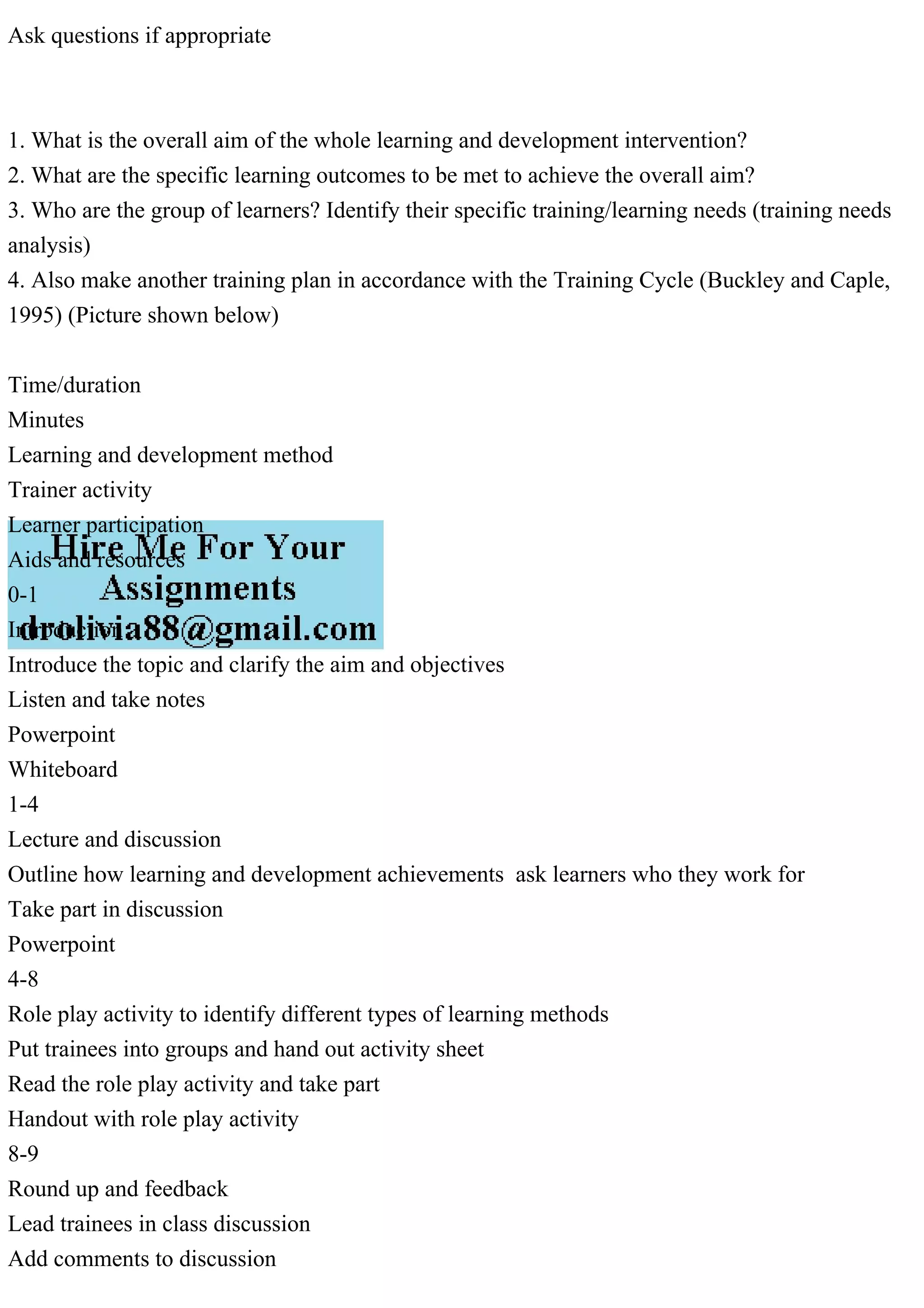 Make a training plan for First Aid Training for Choking (usually las.pdf
