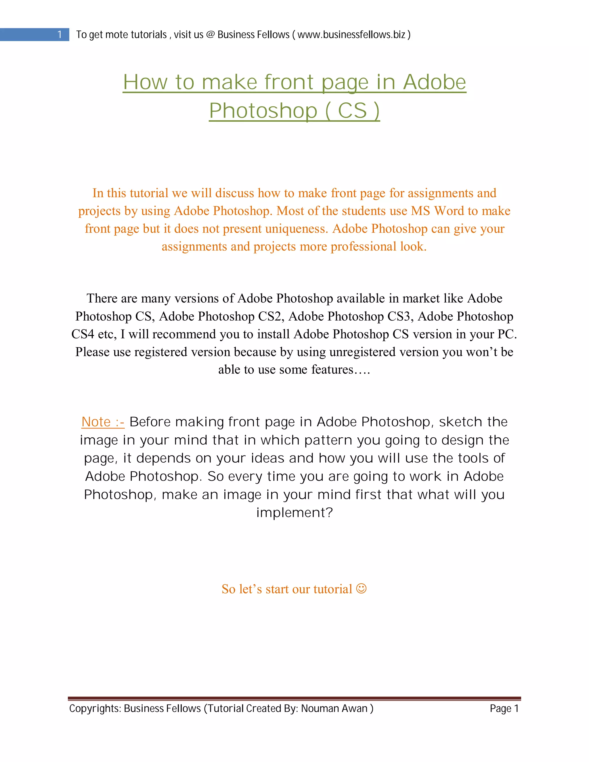 Make front page in adobe photoshop ( business fellows ) | PDF