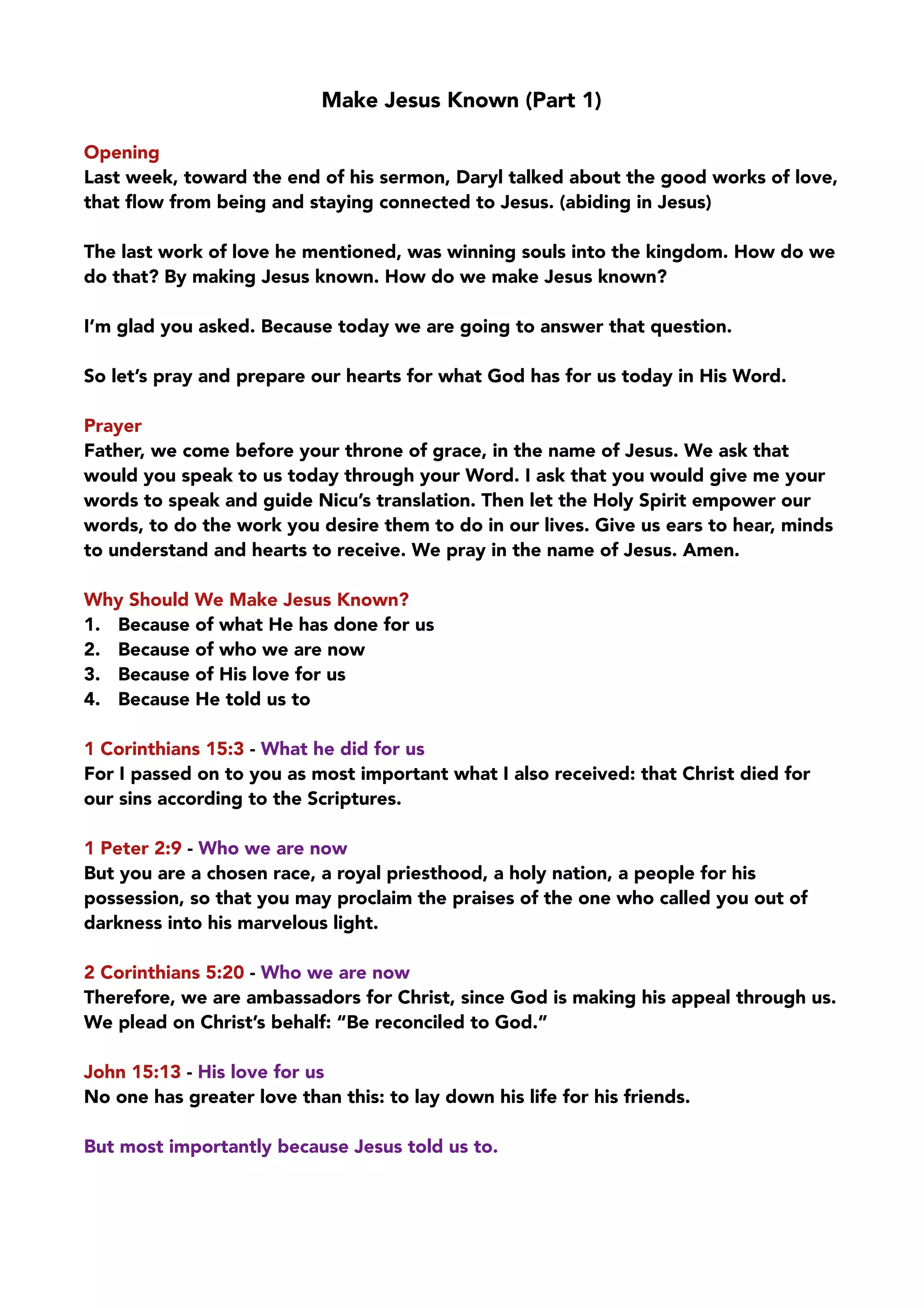 Make Jesus Known (Part 1) Sermon Handout | PDF