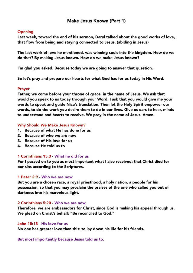 Make Jesus Known (Part 1) Sermon Handout | PDF