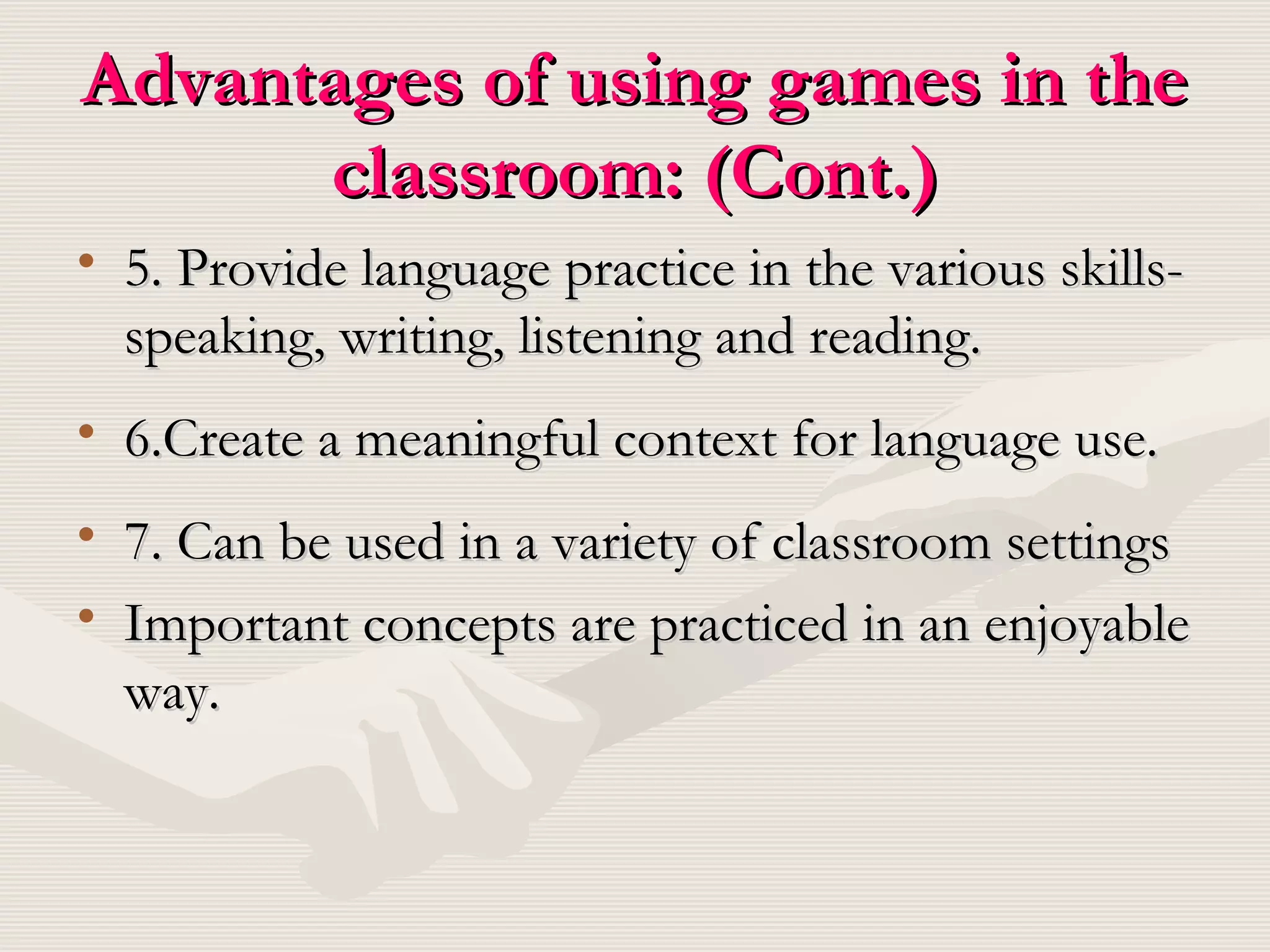 Make learning a fun the use of games in esl classroom | PPT