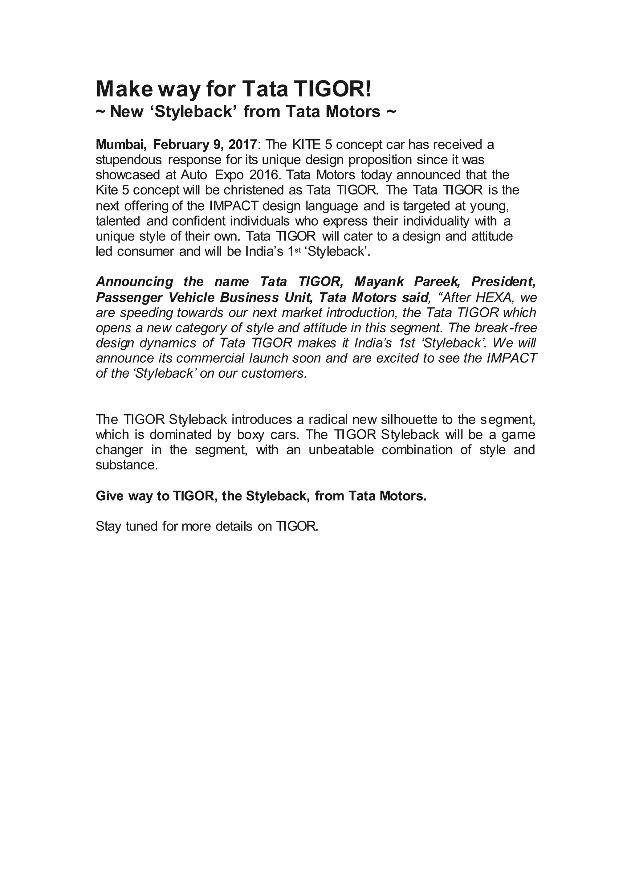 Tata Tigor name - Press release | PDF
