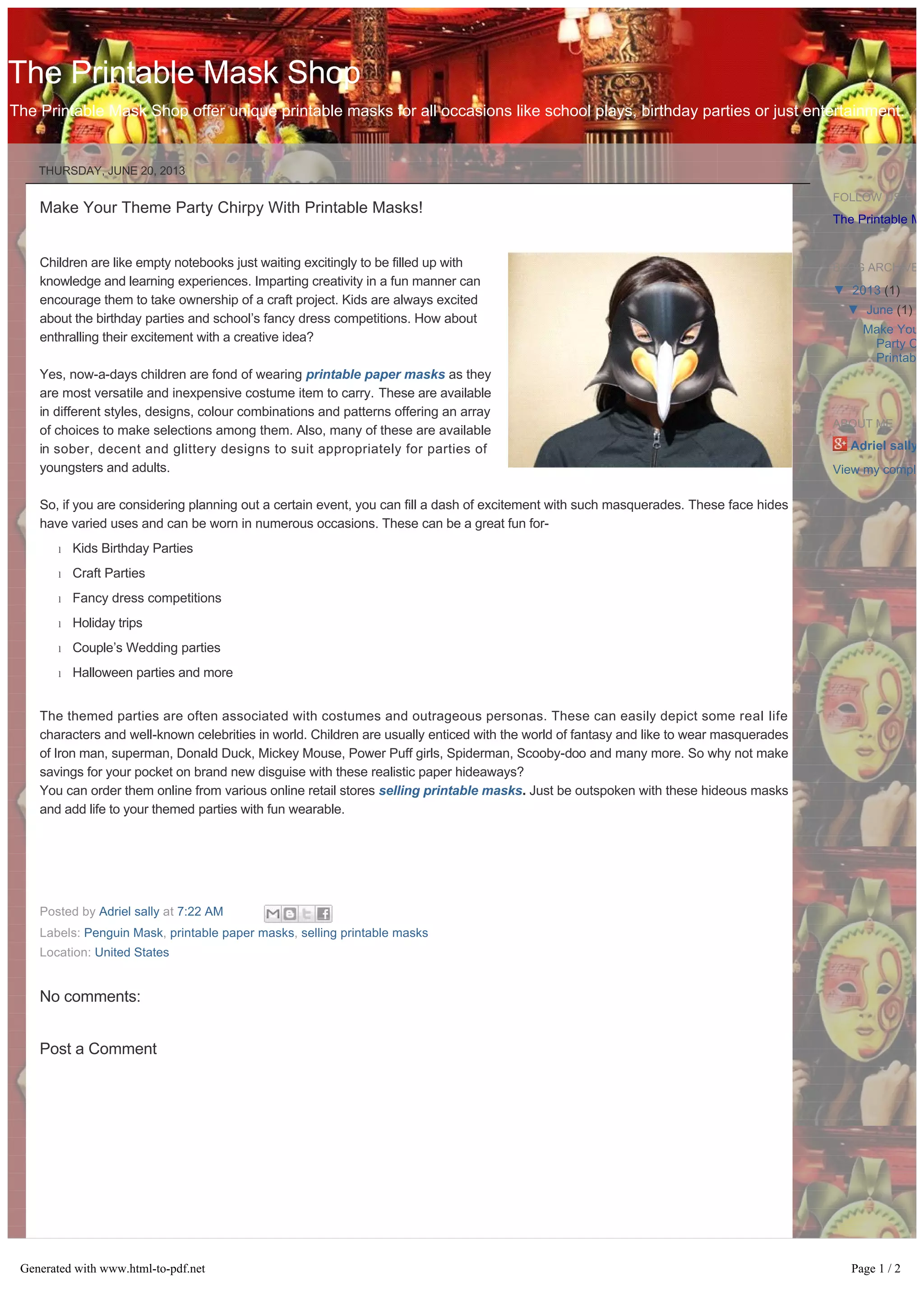 Make your theme party chirpy with printable masks | PDF