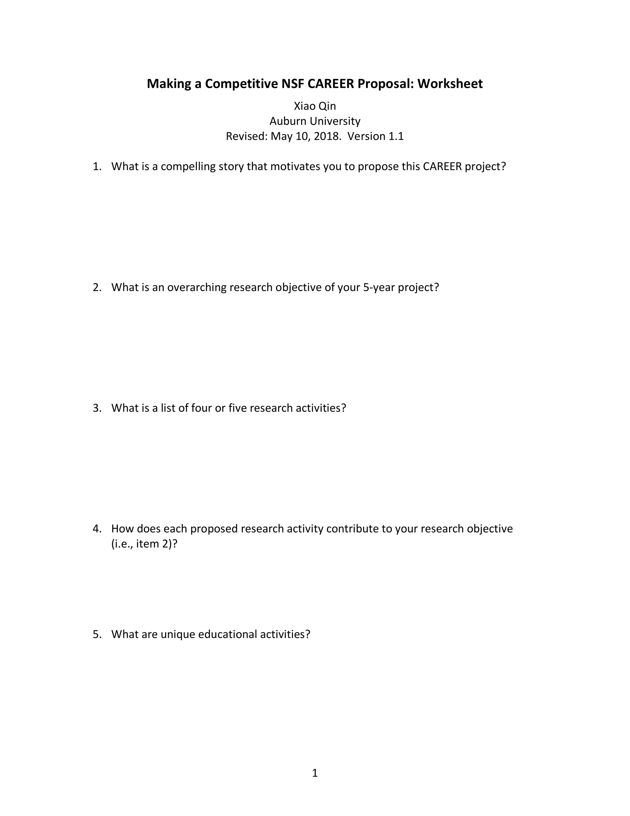 Making a competitive nsf career proposal: Part 2 Worksheet | PDF ...