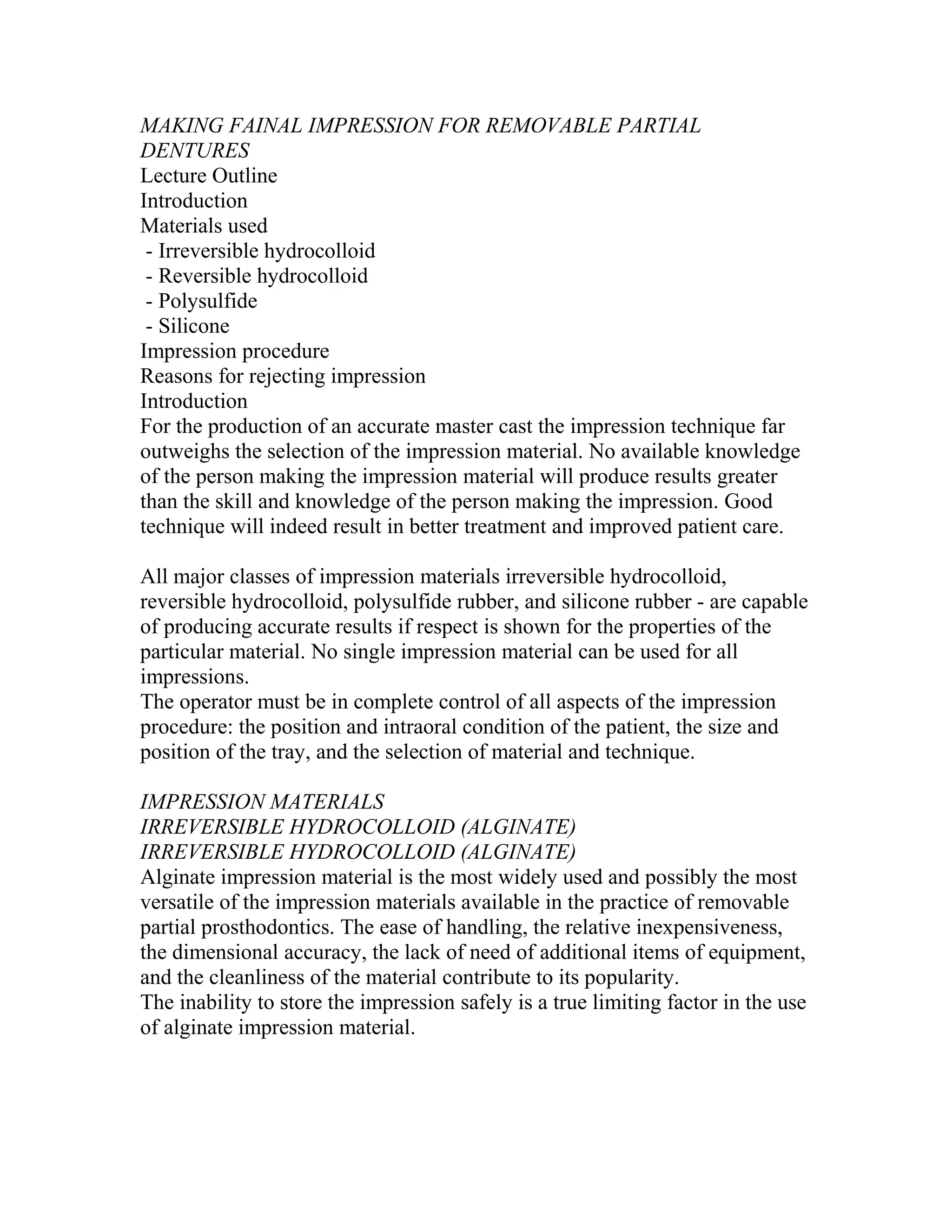 Final impression for removable partial dentures | DOC