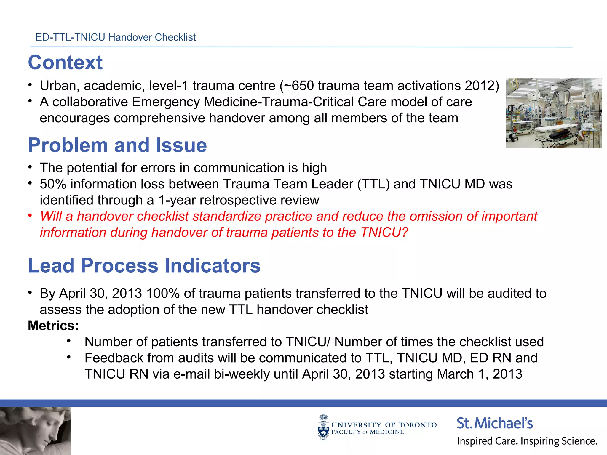Making handover safer for trauma patients admitted to the neuro trauma ...