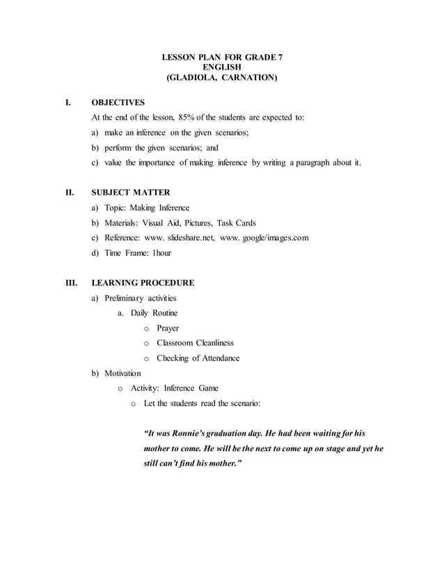 Making inference lesson plan | DOCX | Educational Assessment | Education