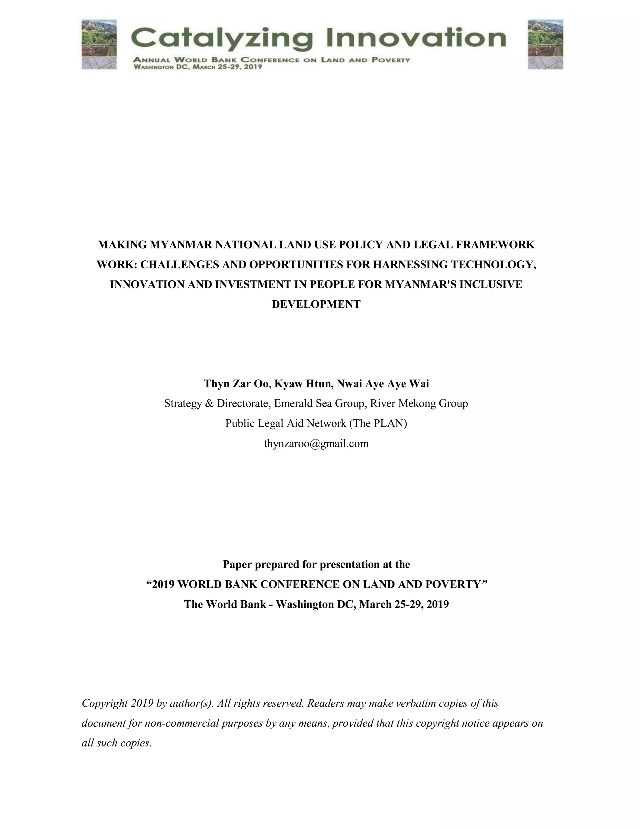 Making myanmar national land use policy and legal framework work by ...