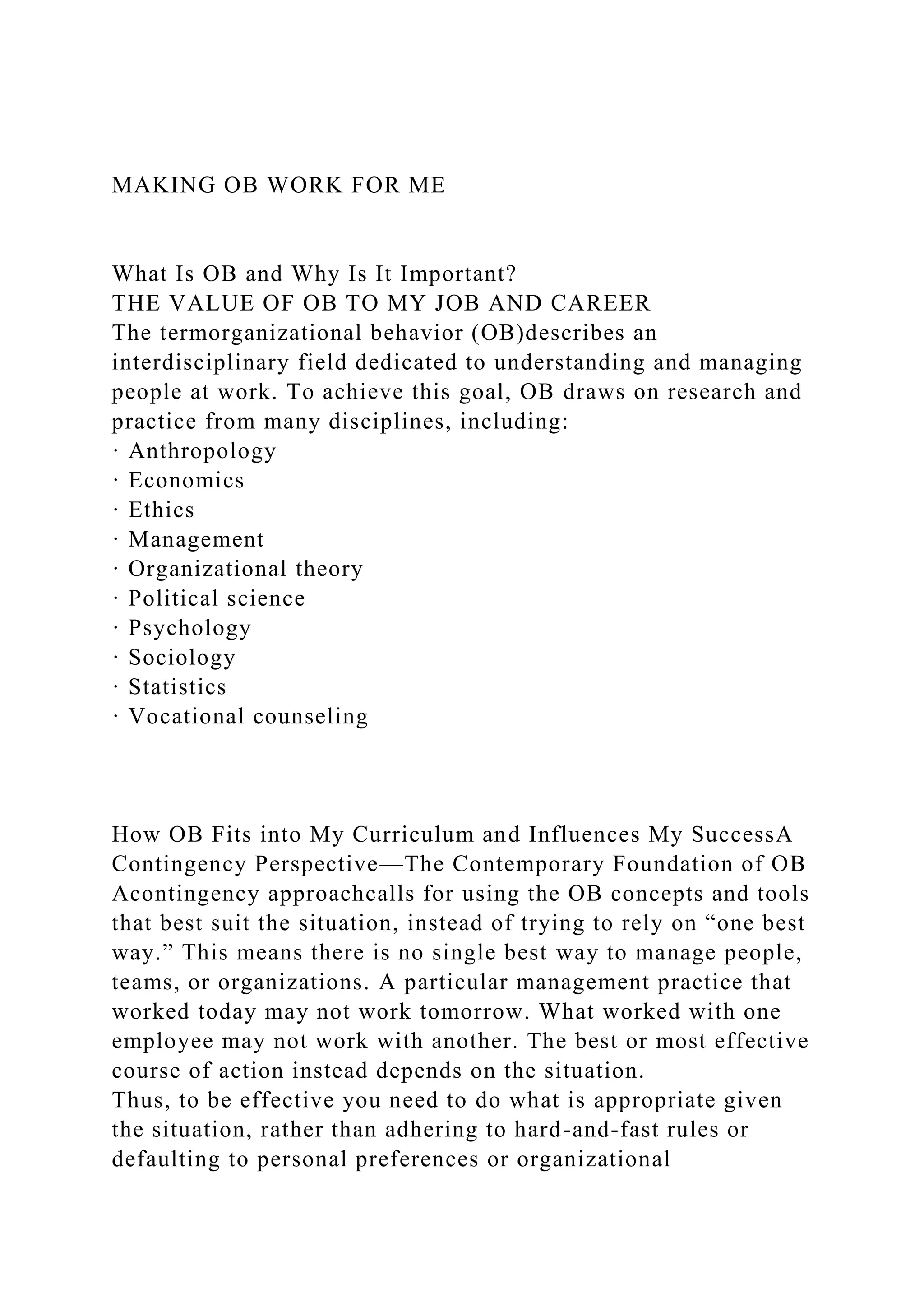 MAKING OB WORK FOR MEWhat Is OB and Why Is It ImportantTH.docx