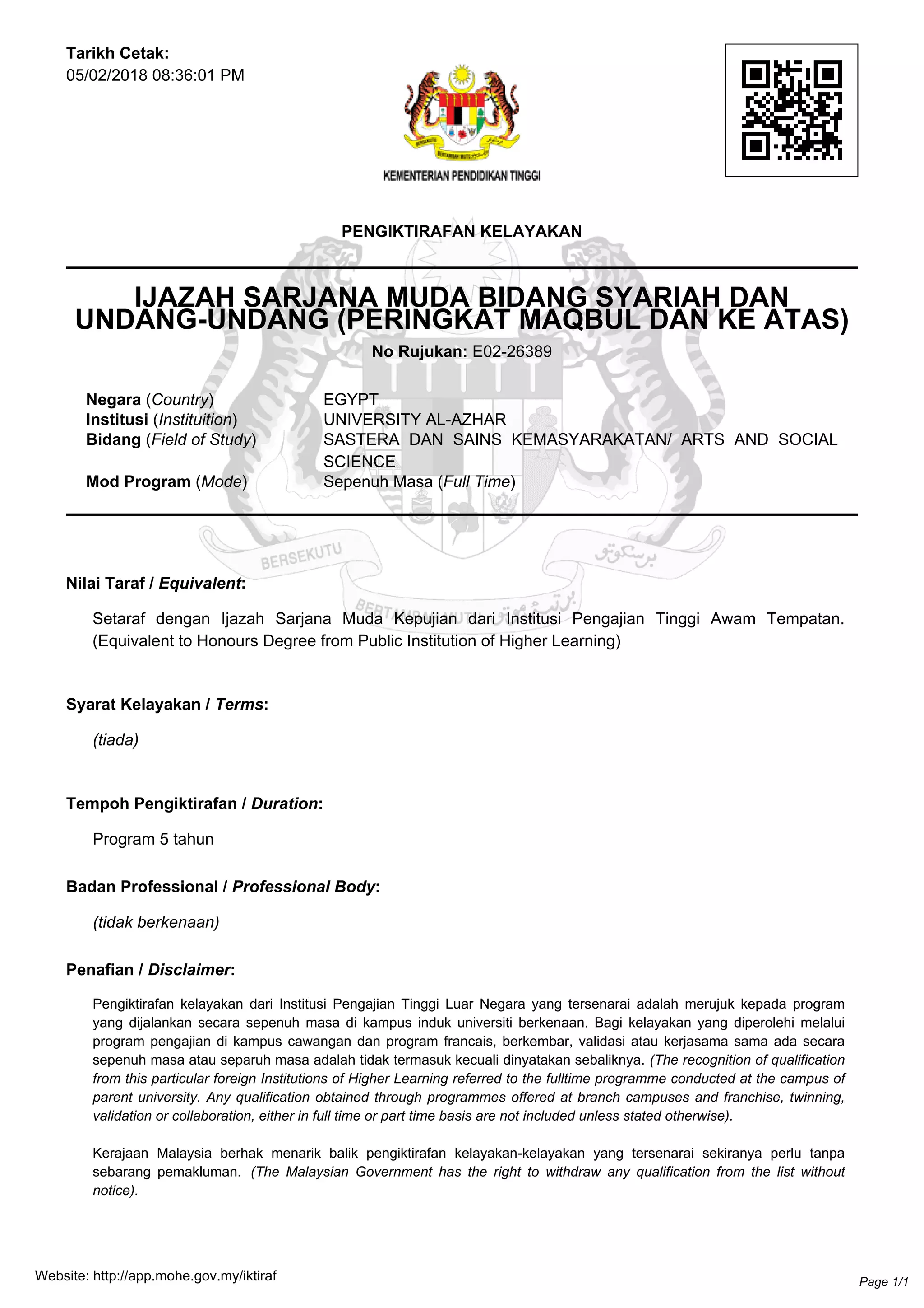 Maklumat kelayakan dari mqa [al azhar] | PDF