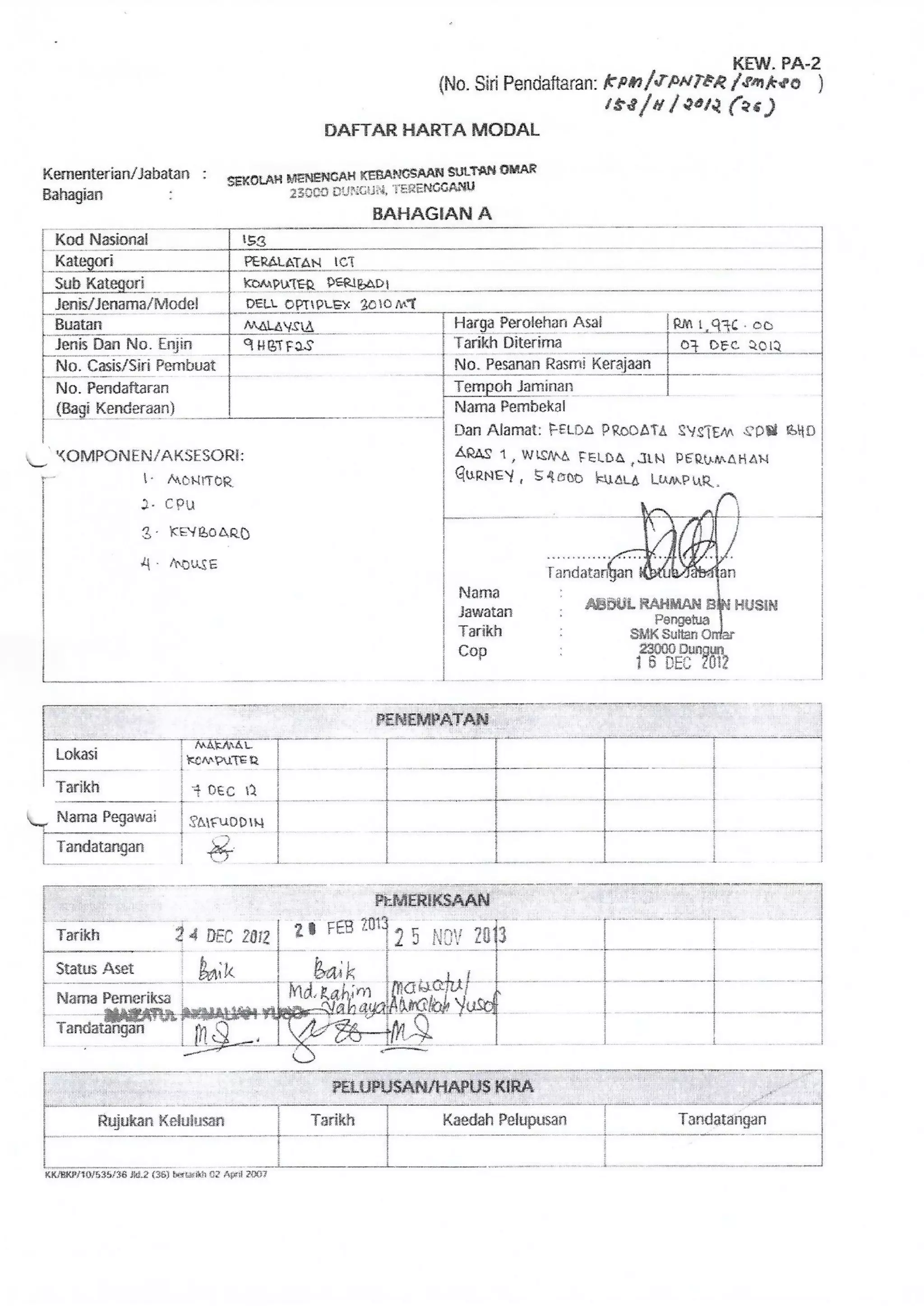 Harta Modal (KEW.PA-2) Peralatan ICT Makmal ICT SMKSO | PDF