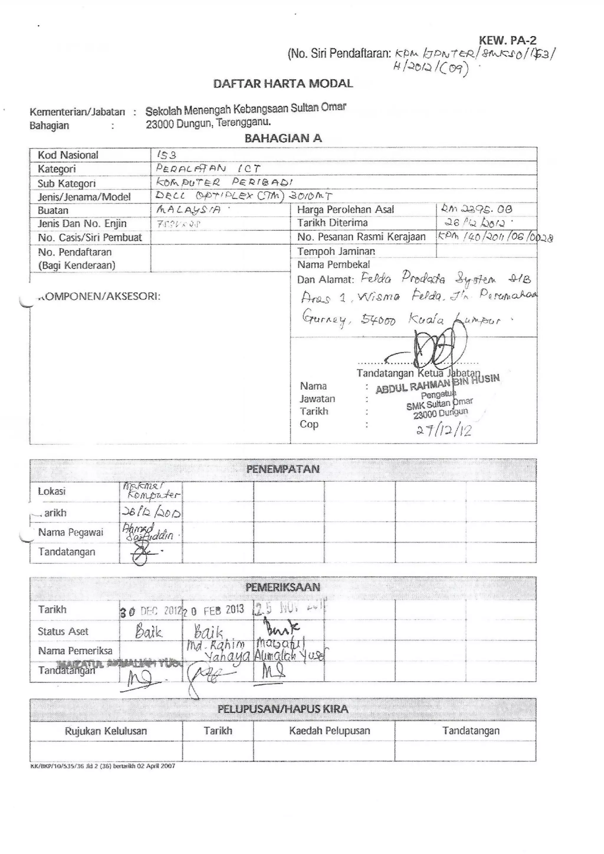 Harta Modal (KEW.PA-2) Peralatan ICT Makmal ICT SMKSO | PDF