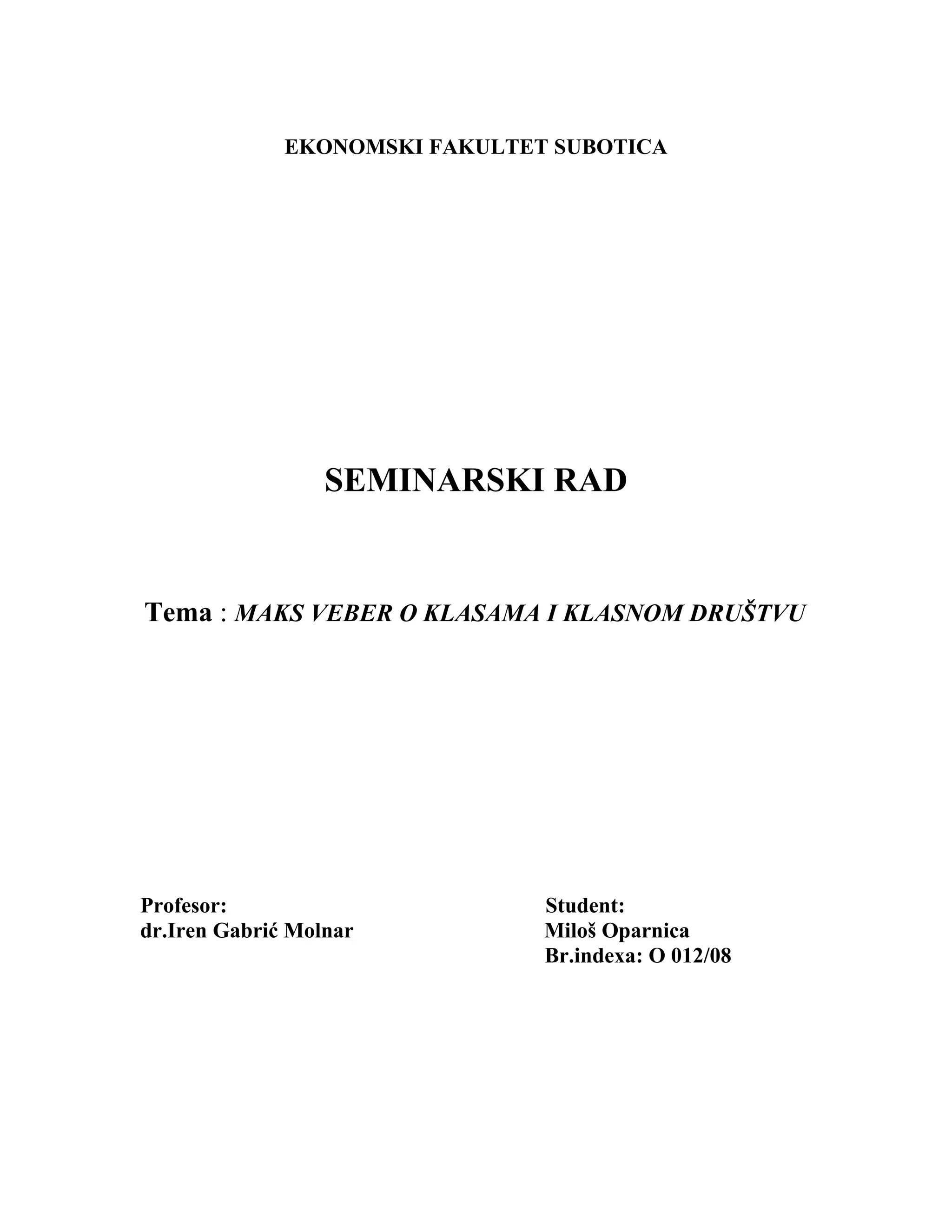 Maks veber o klasama i klasnom drustvu | DOC | Educational Assessment ...