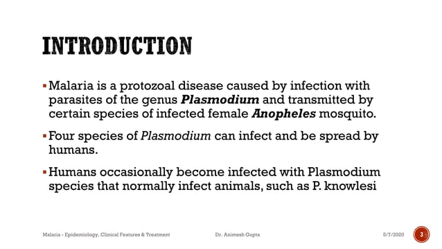 Malaria epidemiology, clinical features & treatment | PPT