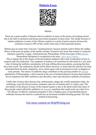 Malaria Essay | PDF | Infectious Diseases | Diseases and Conditions
